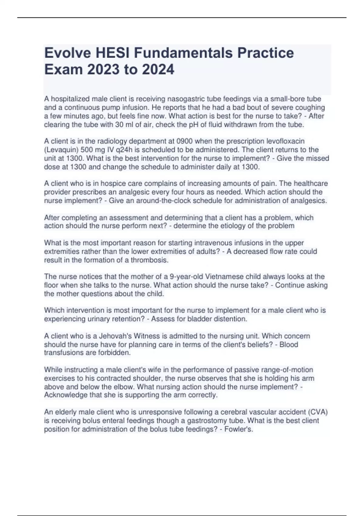 Evolve HESI Fundamentals Practice Exam 2023 to 2024 - Evolve HESI ...