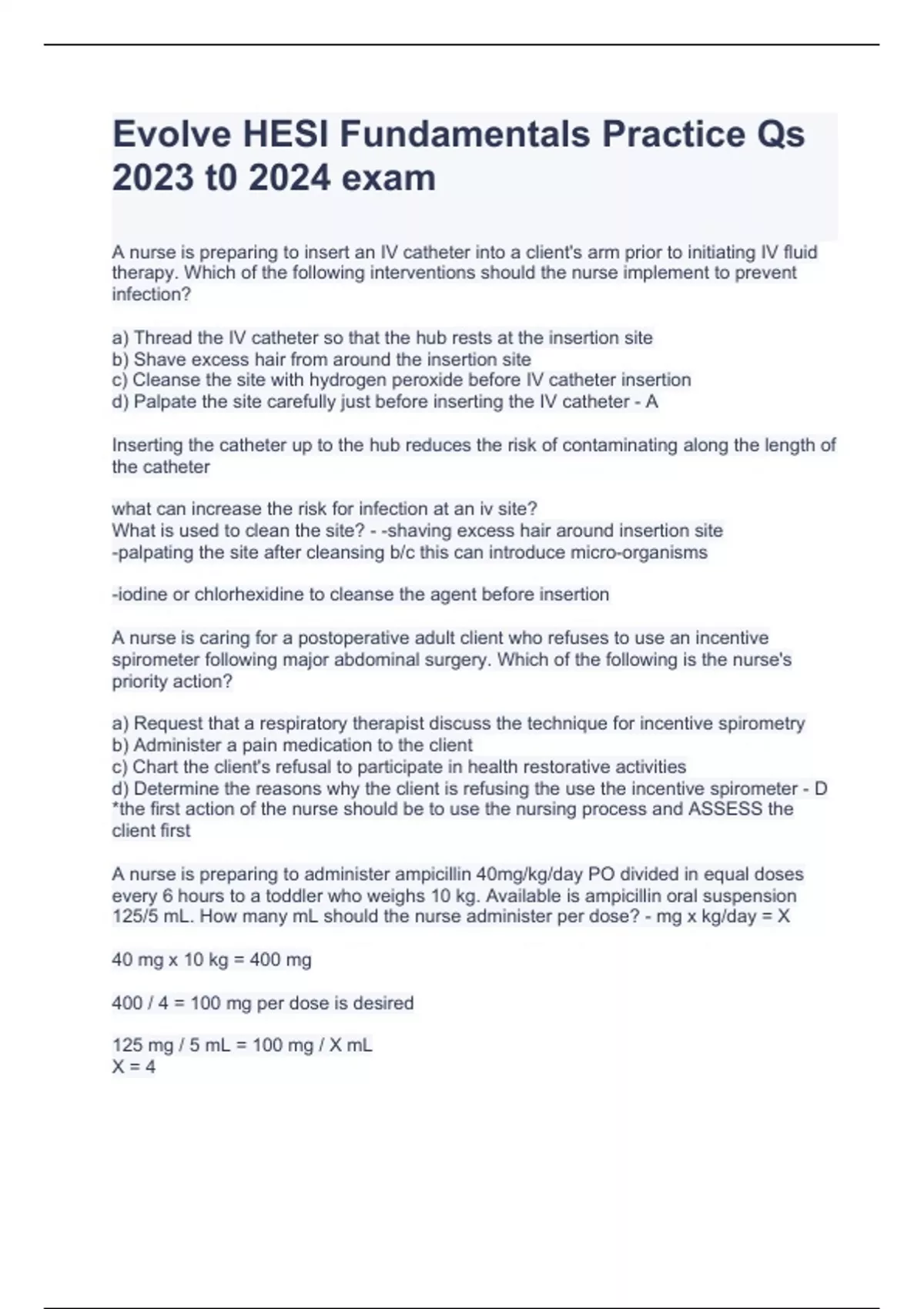Evolve HESI Fundamentals Practice Qs 2023 t0 2024 exam - Hesi Fundamentals - Stuvia US