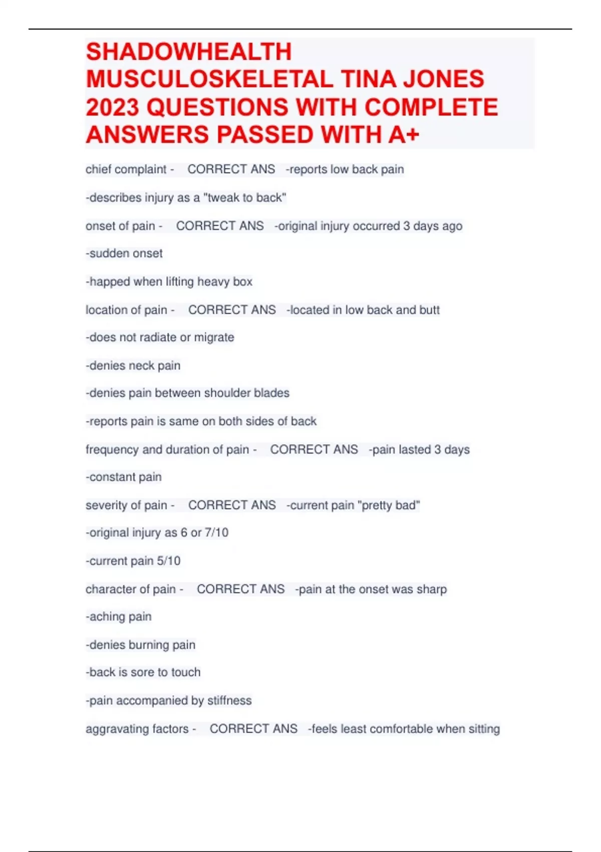 SHADOW HEALTH MUSCULOSKELETAL TINA JONES 2023 QUESTIONS WITH COMPLETE ...