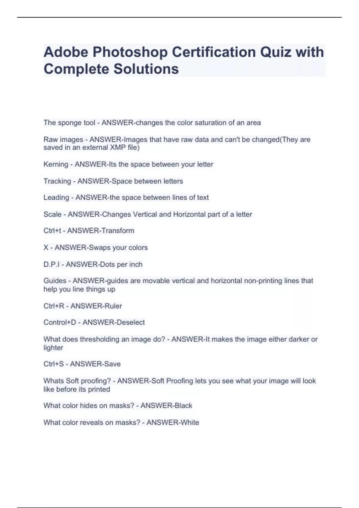 Adobe Photoshop Certification Quiz with Complete Solutions - Adobe ...