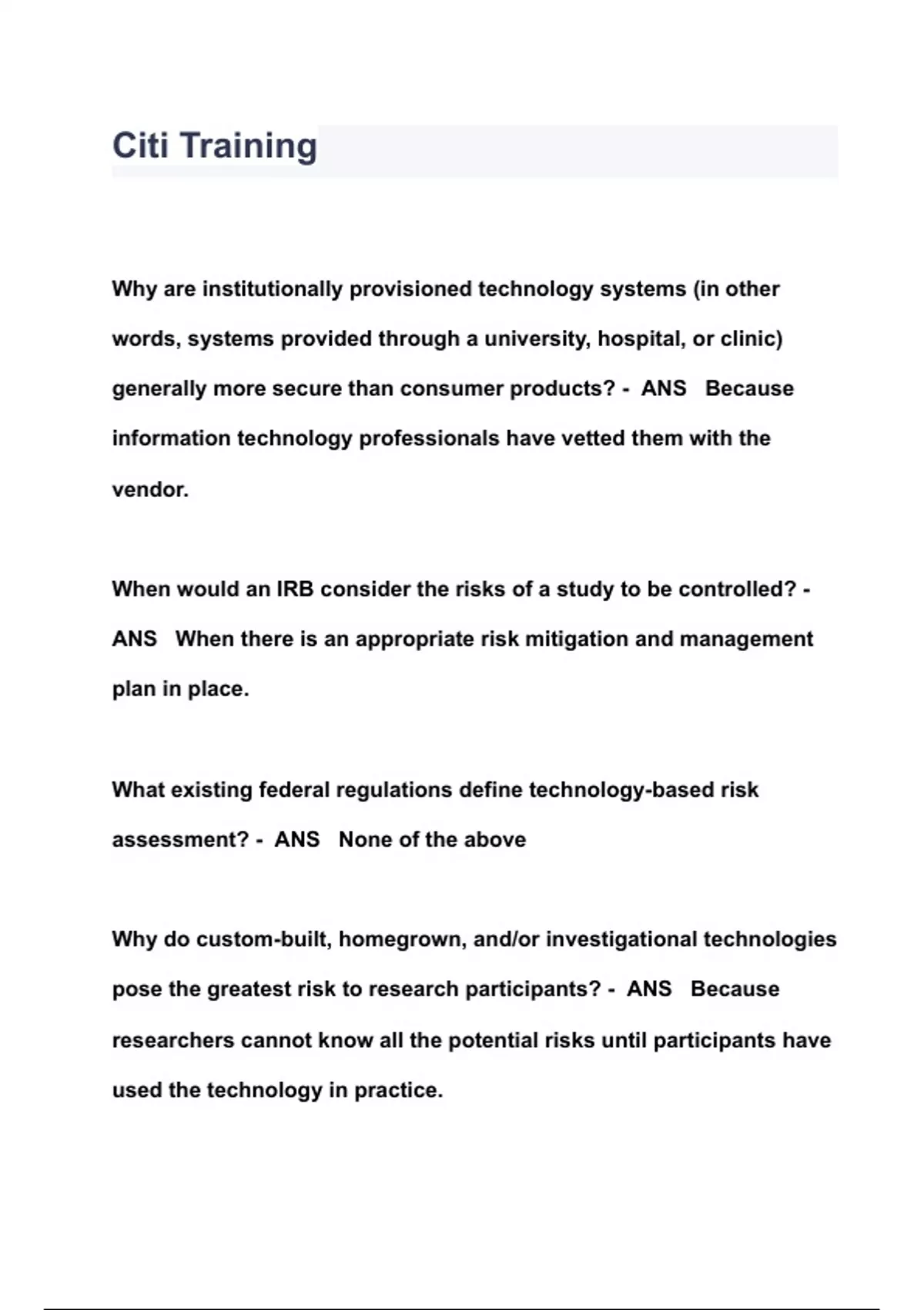 Citi Training QUESTIONS & ANSWERS 2024 ( A+ GRADED 100% VERIFIED ...