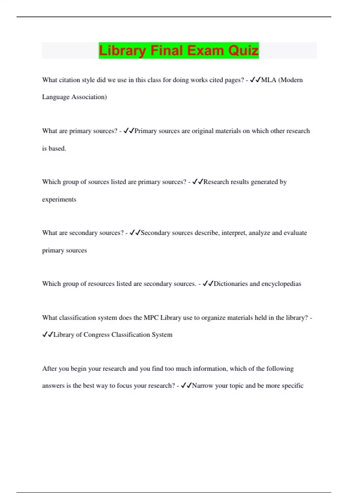 Library Final Exam Quiz | Questions with 100% Correct Answers | Latest ...