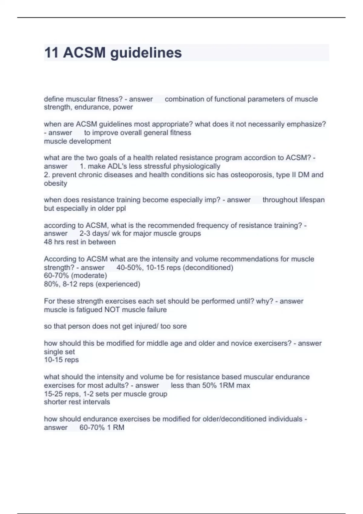 11 ACSM guidelines Questions with correct Answers 2023 - ACSM - Stuvia US