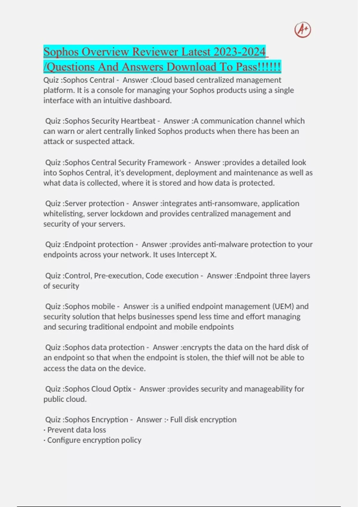 Sophos Overview Reviewer Latest /Questions And Answers Download To Pass ...