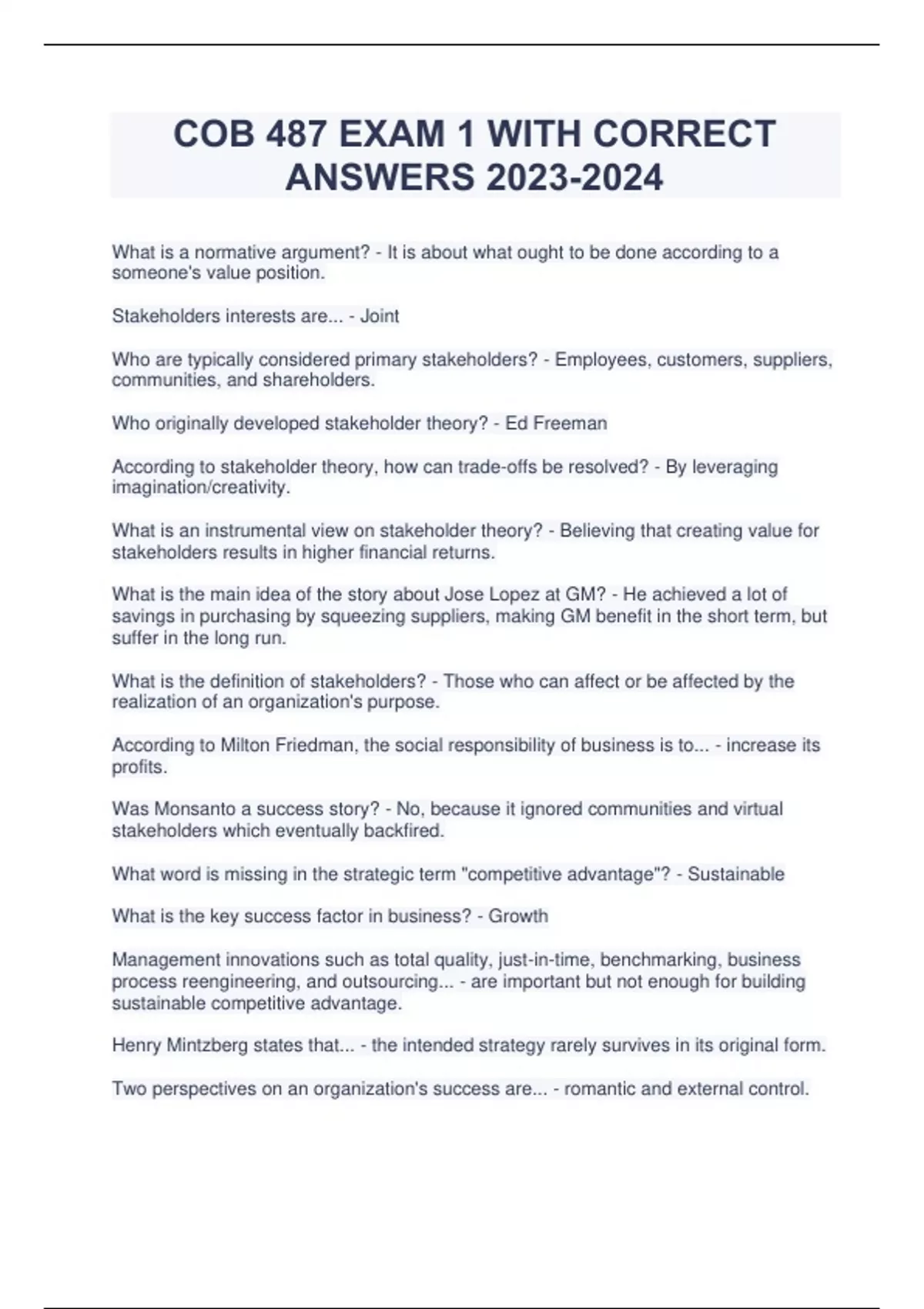 COB 487 EXAM 1 WITH CORRECT ANSWERS - COB 487 - Stuvia US