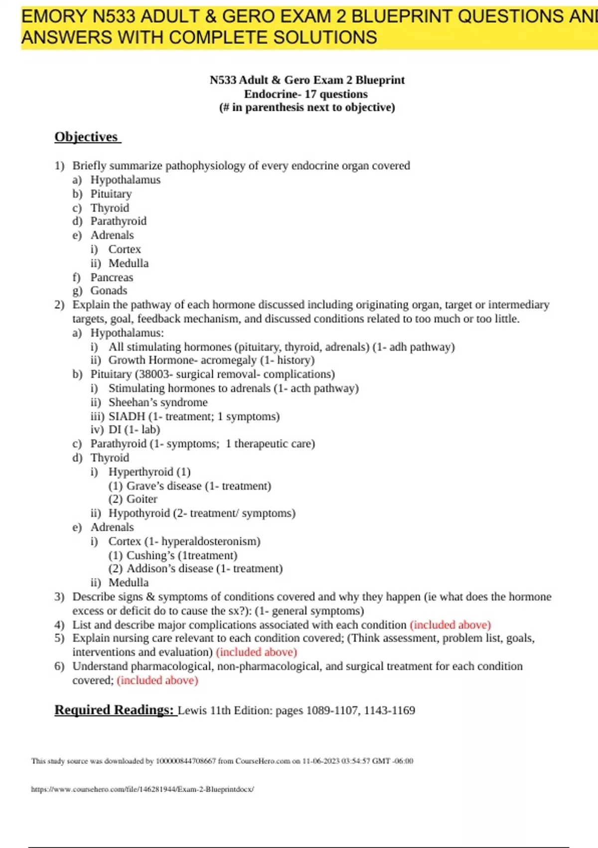 Emory University N533 Adult & Gero Exam 2 Blueprint Questions With ...