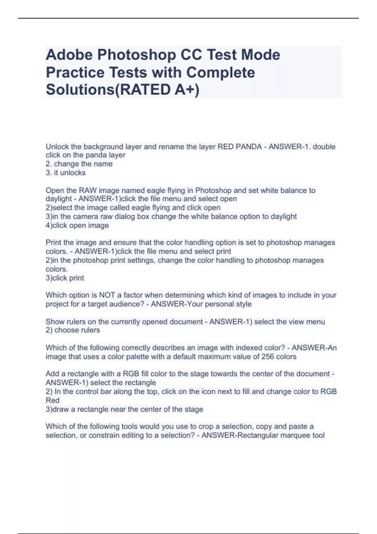 Adobe Photoshop CC Test Mode Practice Tests with Complete Solutions ...