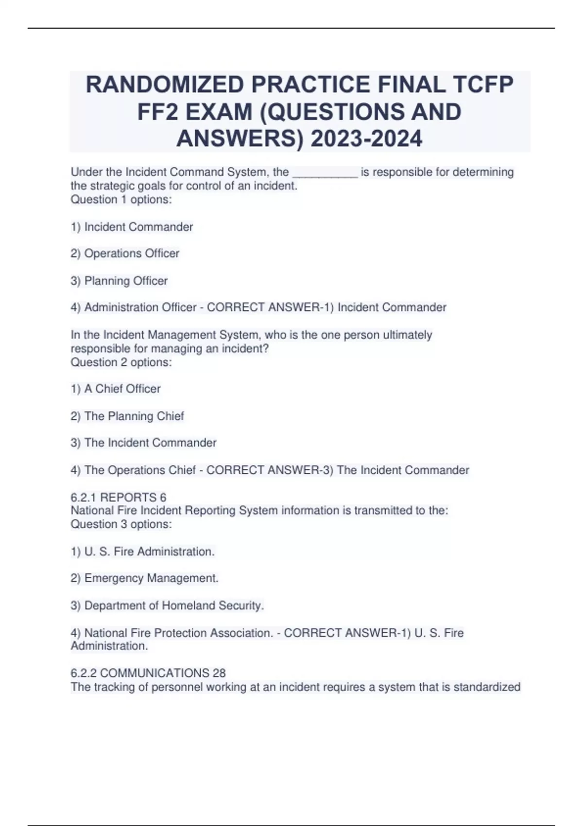 RANDOMIZED PRACTICE FINAL TCFP FF2 EXAM (QUESTIONS AND ANSWERS) - Tcfp ...