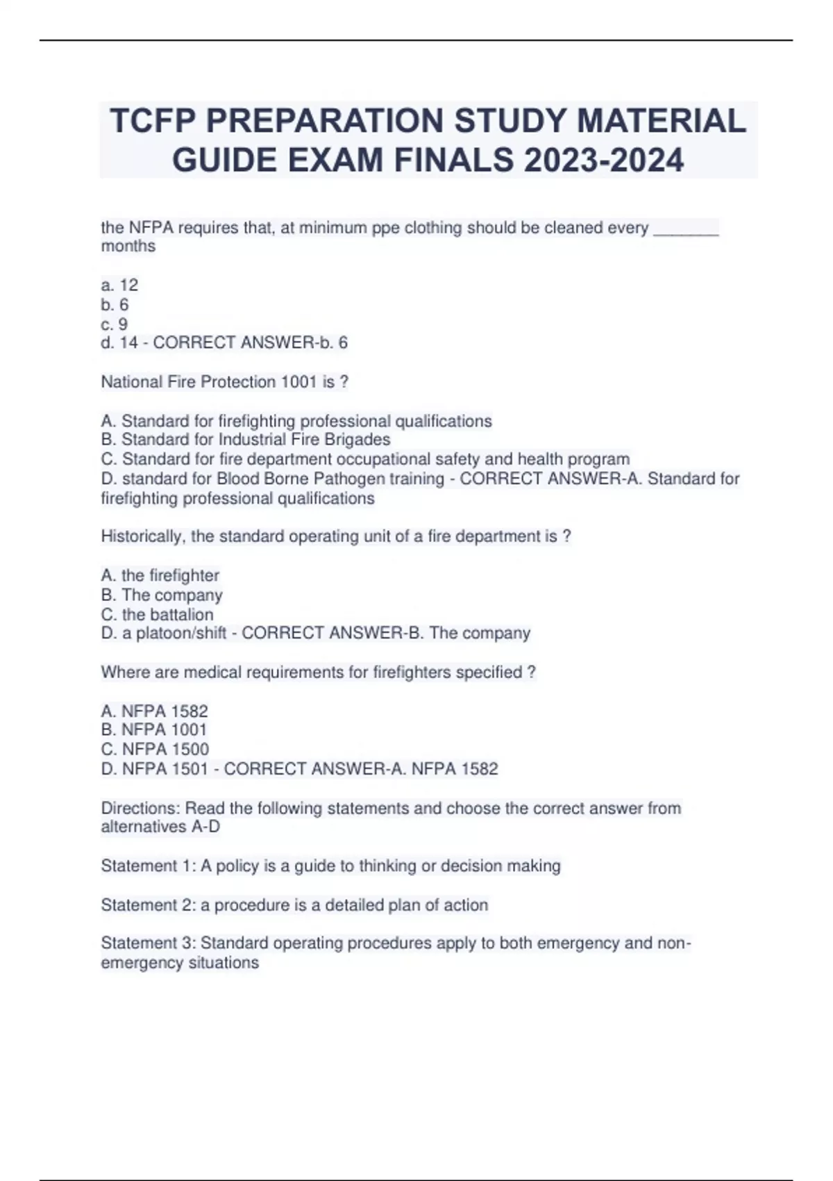 TCFP PREPARATION STUDY MATERIAL GUIDE EXAM FINALS - Tcfp - Stuvia US