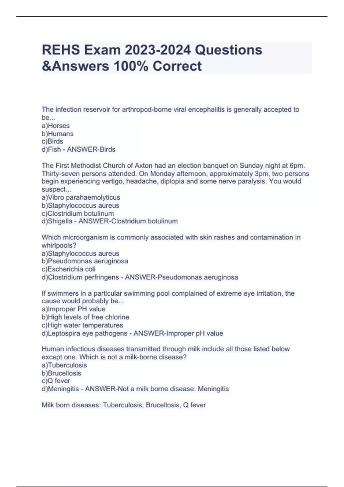 REHS Exam Questions &Answers 100% Correct - REHS - Stuvia US