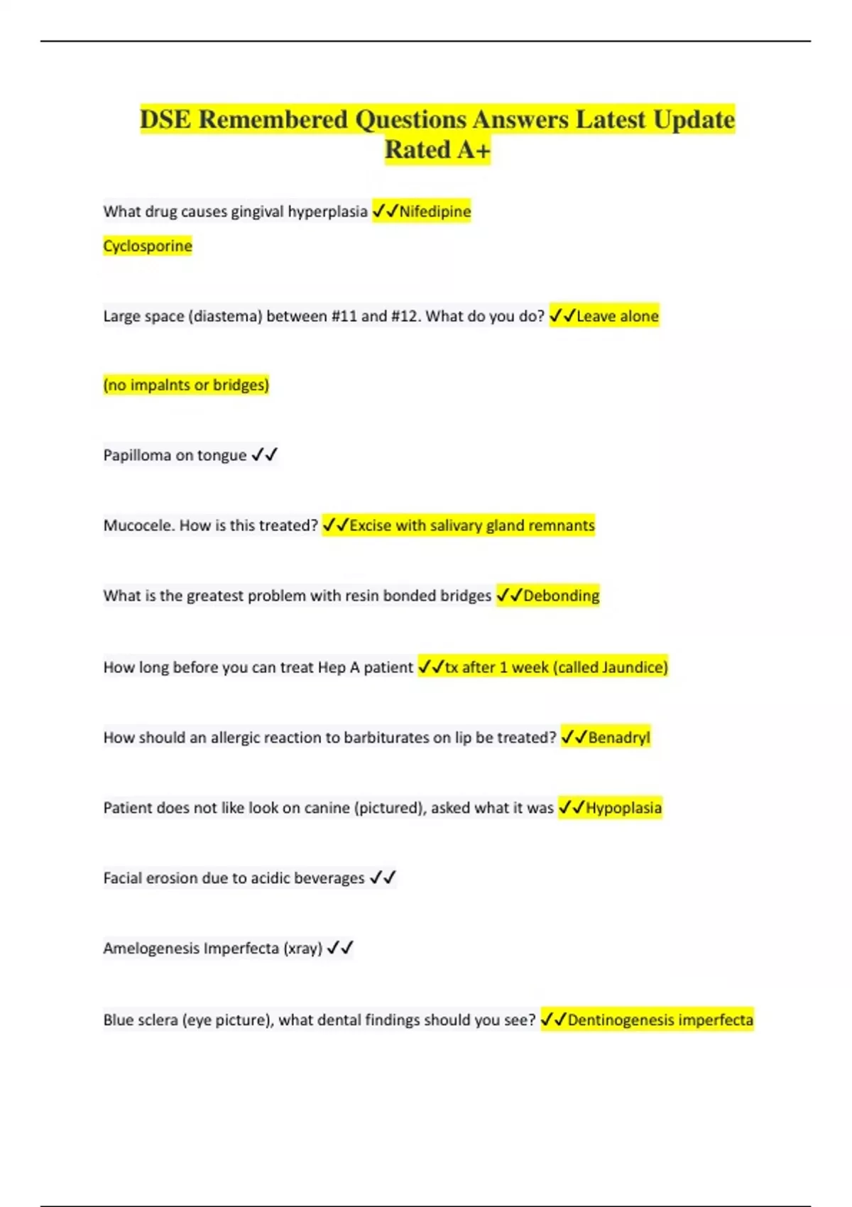 DSE Remembered Questions, DSE, ADEX Review, CDCA Test Bank with ...
