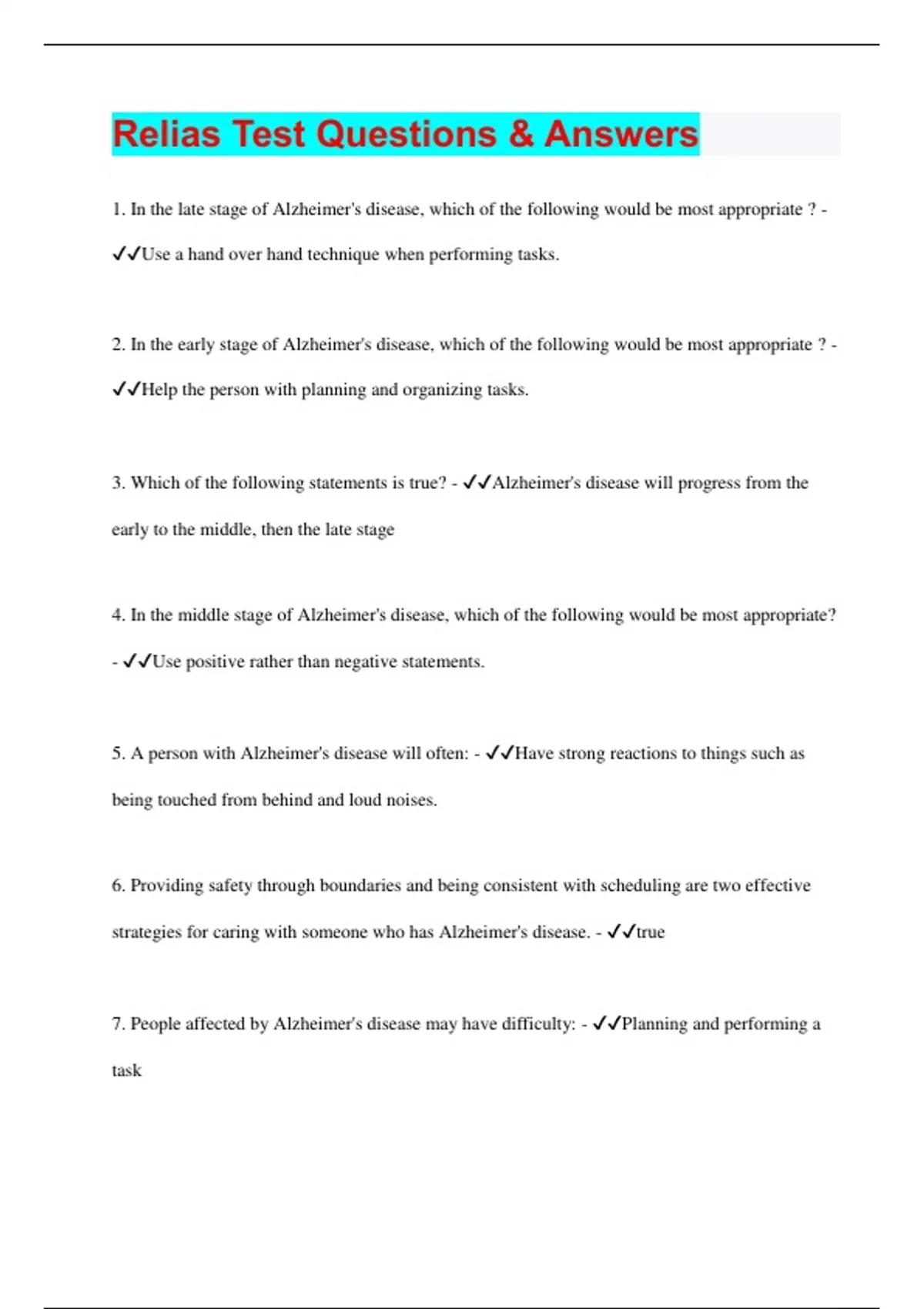 Relias Test | Questions with 100% Correct Answers | Latest Update 2024 ...