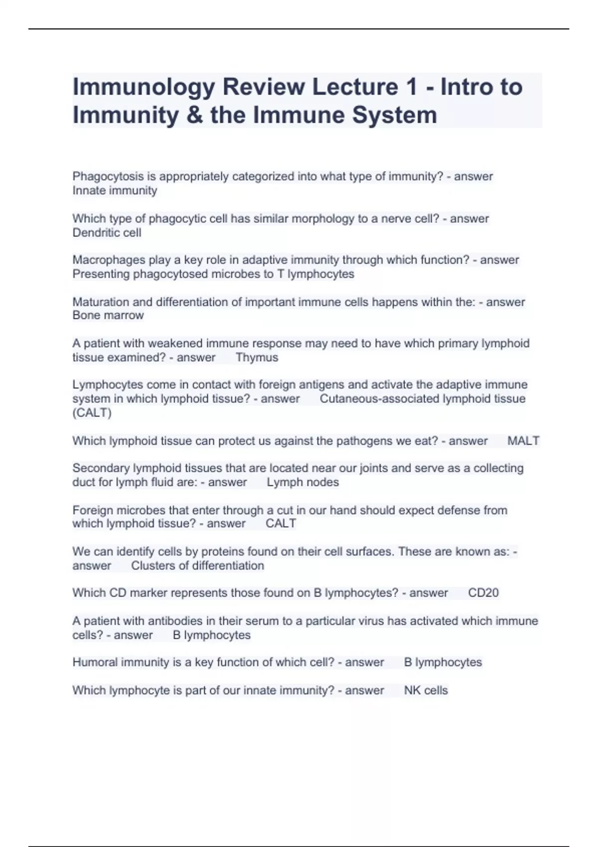 Immunology Review Lecture 1 Questions and Answers 100% Accurate 2023 ...