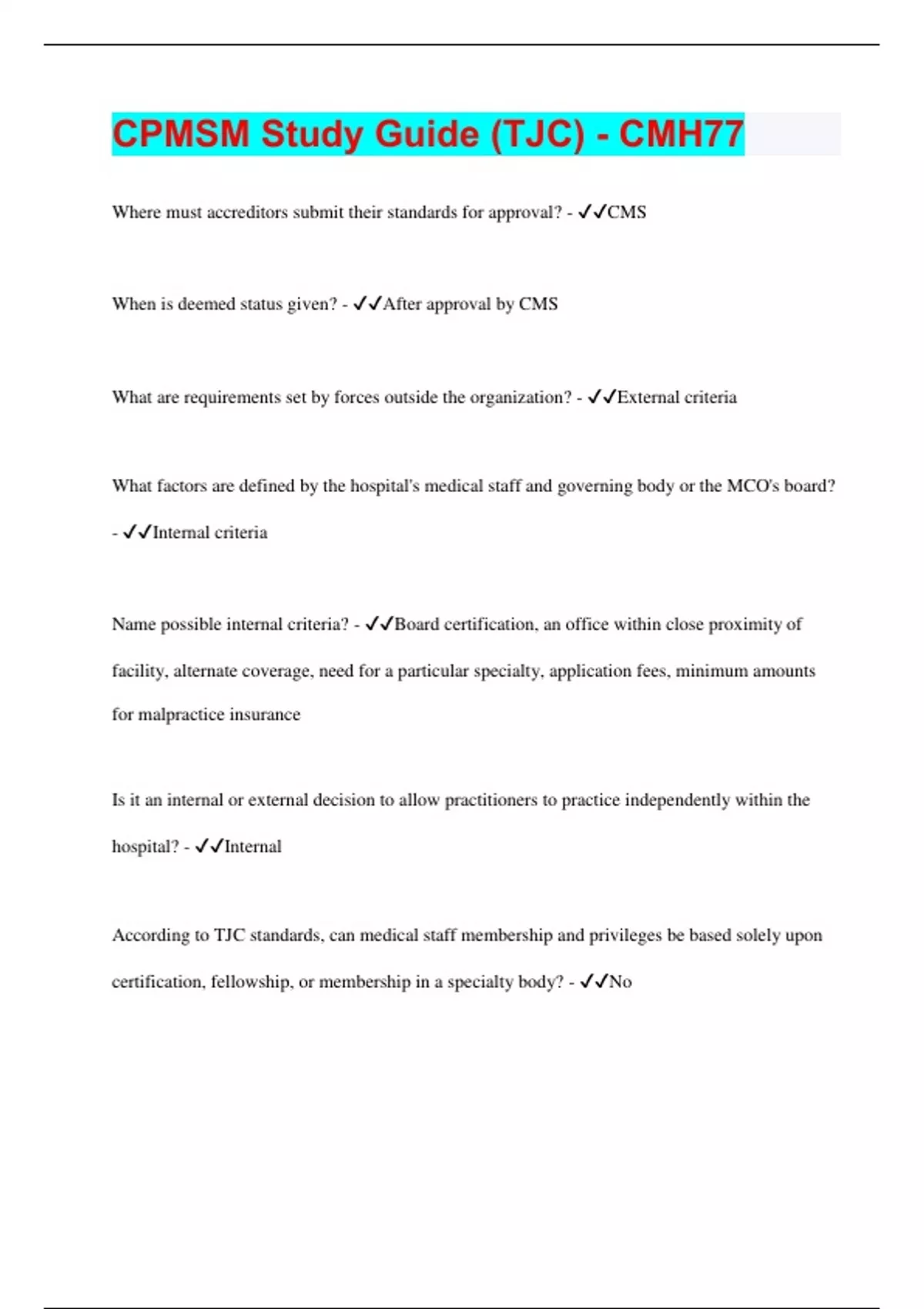 CPMSM Study Guide (TJC) - CMH77 | Questions with 100% Correct Answers ...