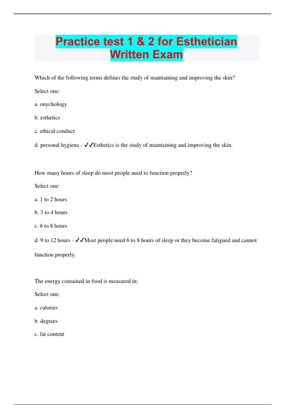 Practice test 1 & 2 for Esthetician Written Exam | Questions with 100% ...
