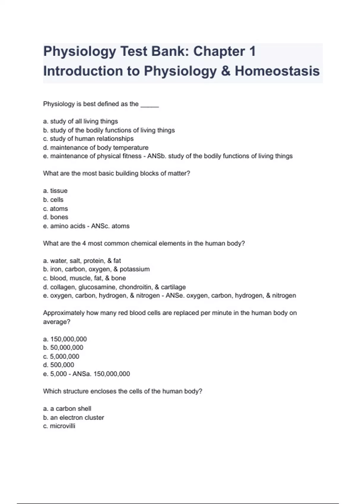 Physiology Test Bank: Chapter 1 Introduction to Physiology ...
