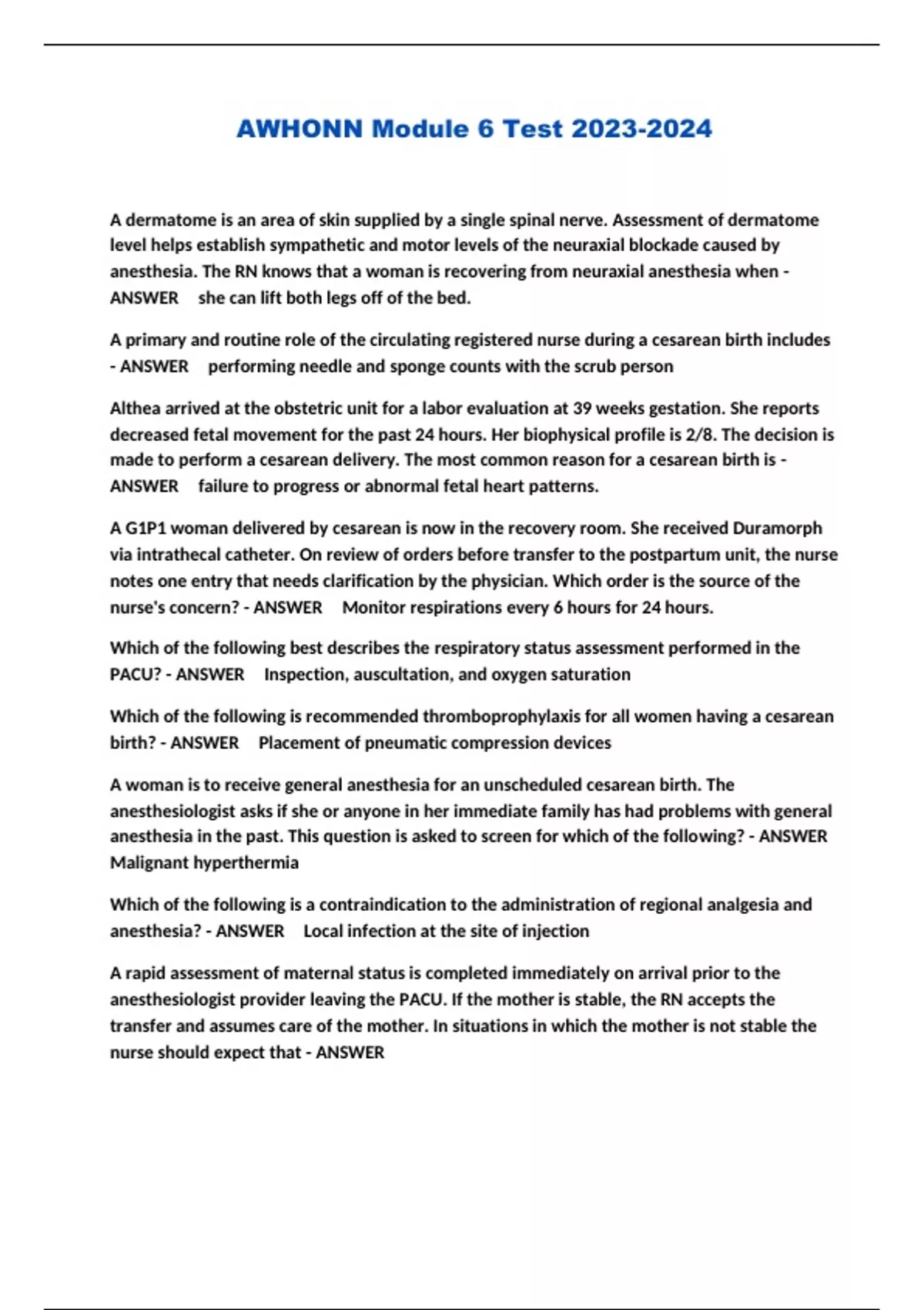 AWHONN Module 6 Test - AWHONN - Stuvia US