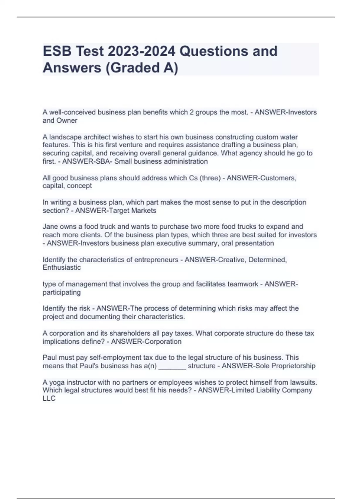 ESB Test Questions and Answers (Graded A) - ESB - Stuvia FR