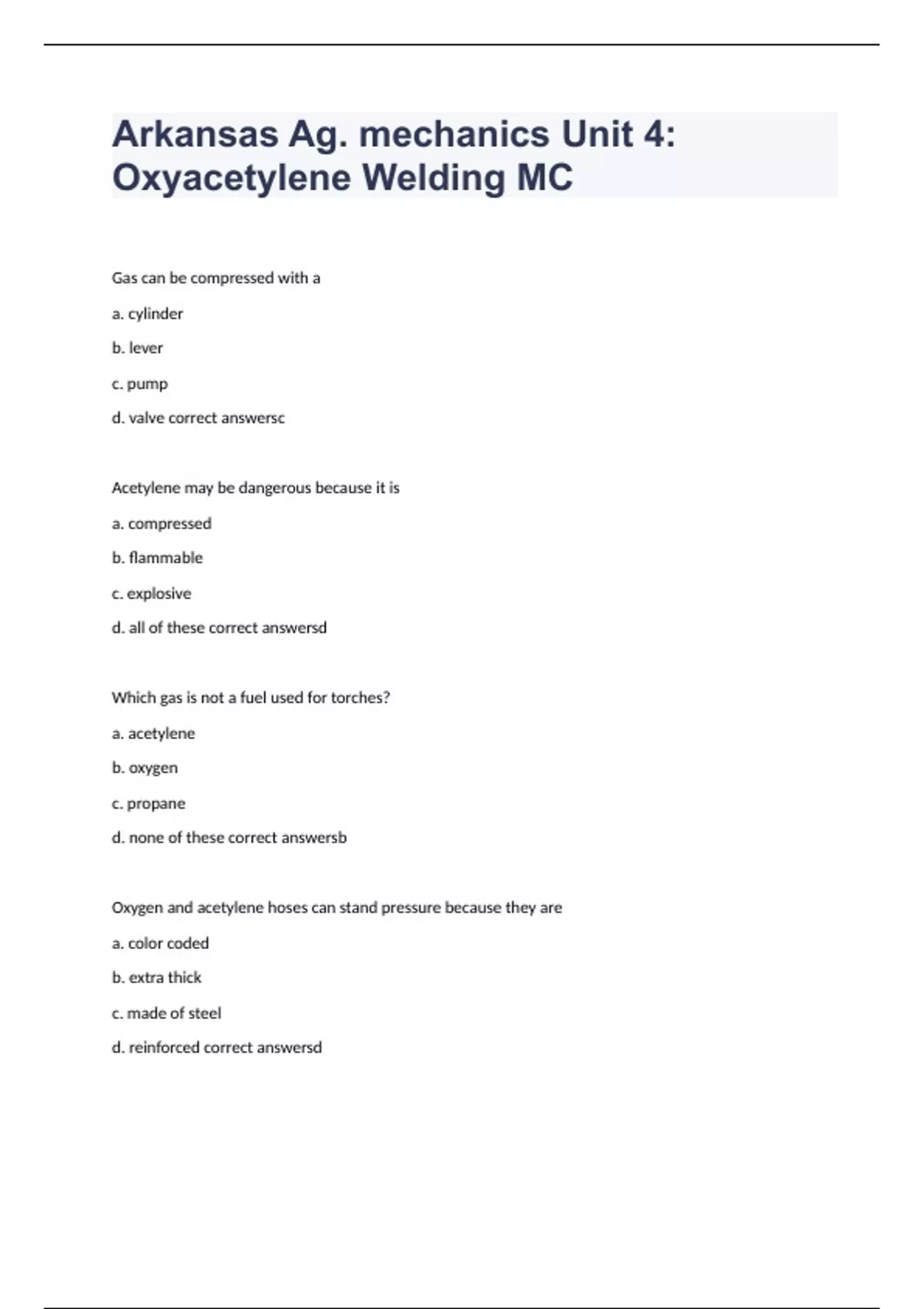 Arkansas Ag. mechanics Unit 4: Oxyacetylene Welding MC exam 2023/2024 ...