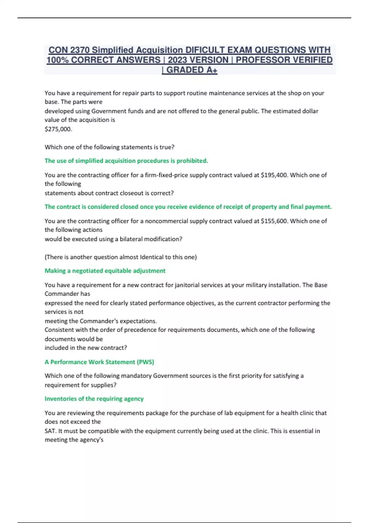 CON 2370 Simplified Acquisition DIFICULT EXAM QUESTIONS WITH 100% ...