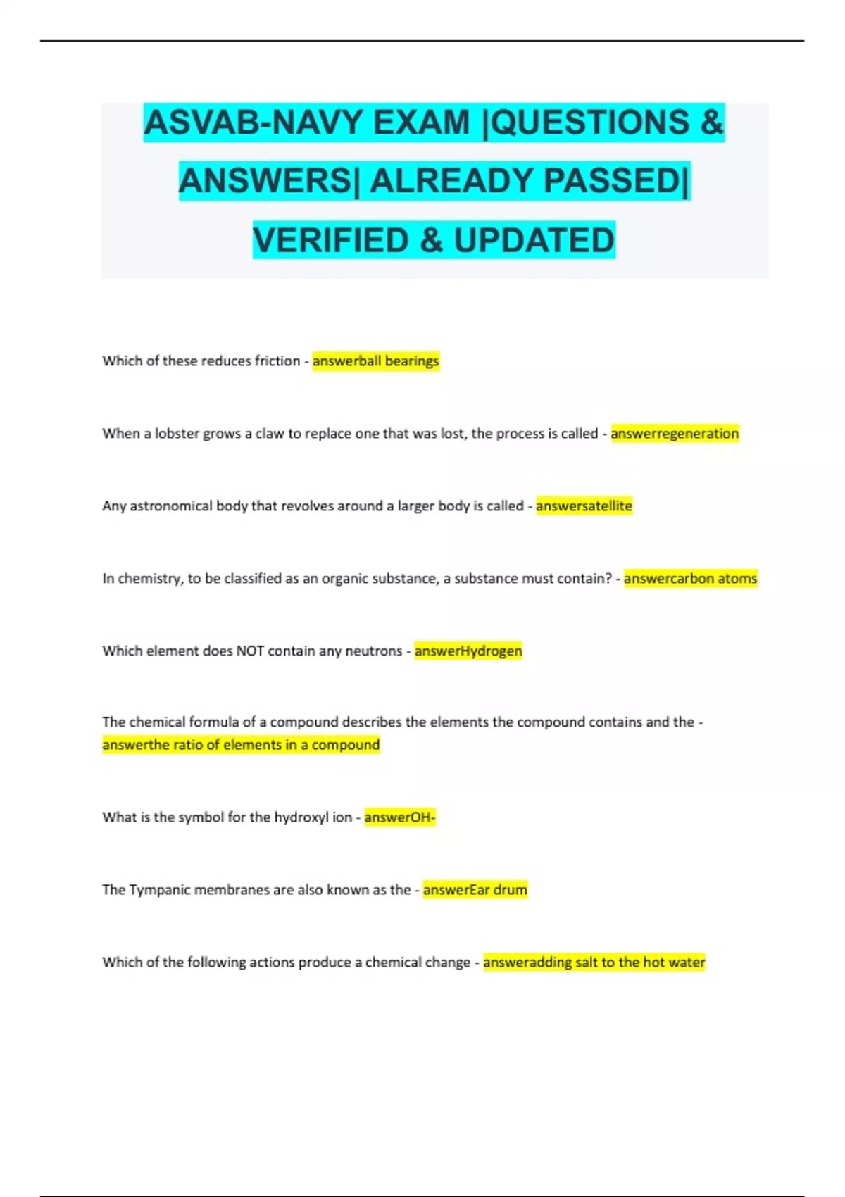 ASVAB-NAVY EXAM |QUESTIONS & ANSWERS| ALREADY PASSED| VERIFIED ...