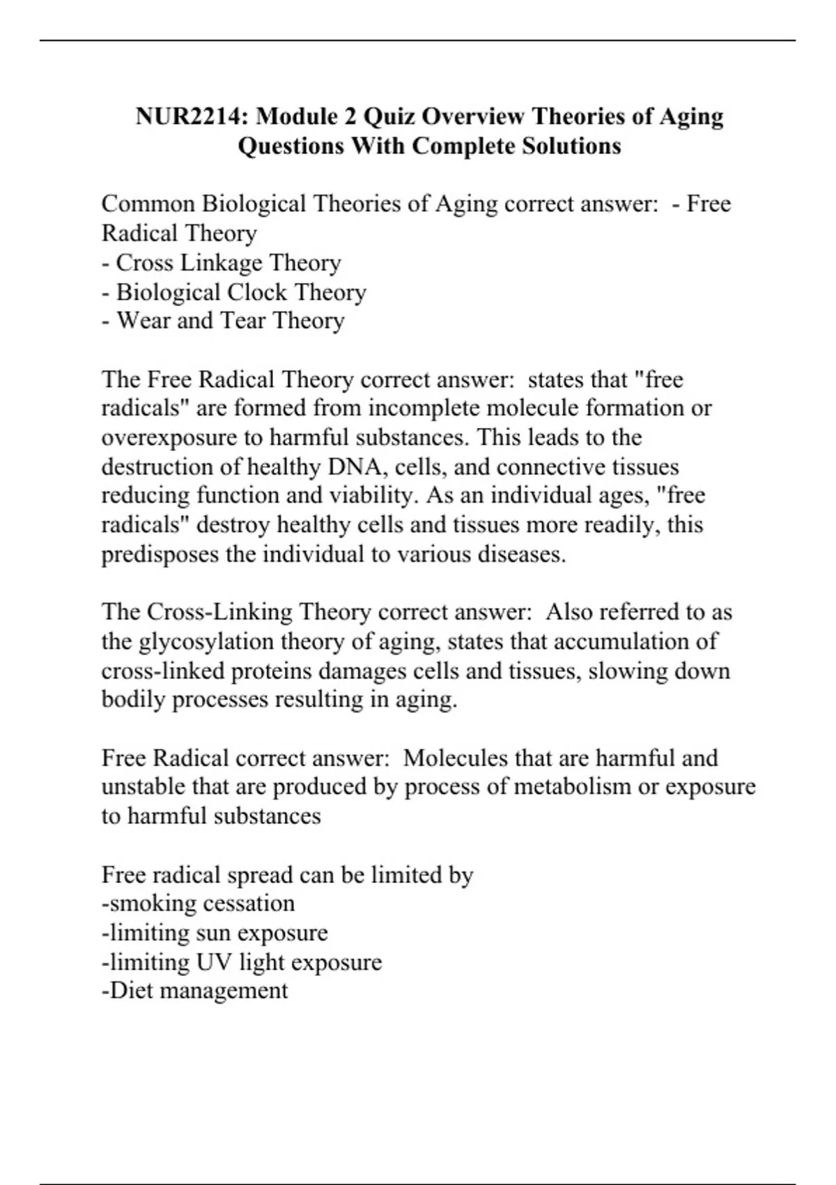 NUR2214: Module 2 Quiz Overview Theories of Aging Questions With ...
