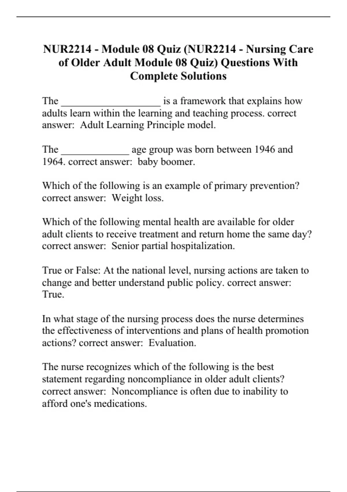 NUR2214 - Module 08 Quiz (NUR2214 - Nursing Care of Older Adult Module ...