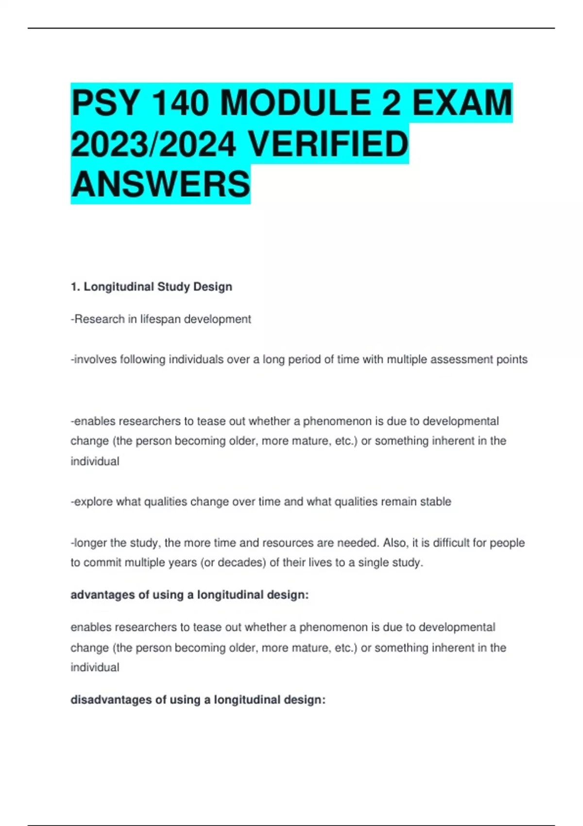 ACTUAL PSY 140 MODULE 2 EXAM 2023/2024 VERIFIED ANSWERS - PSY 140 ...