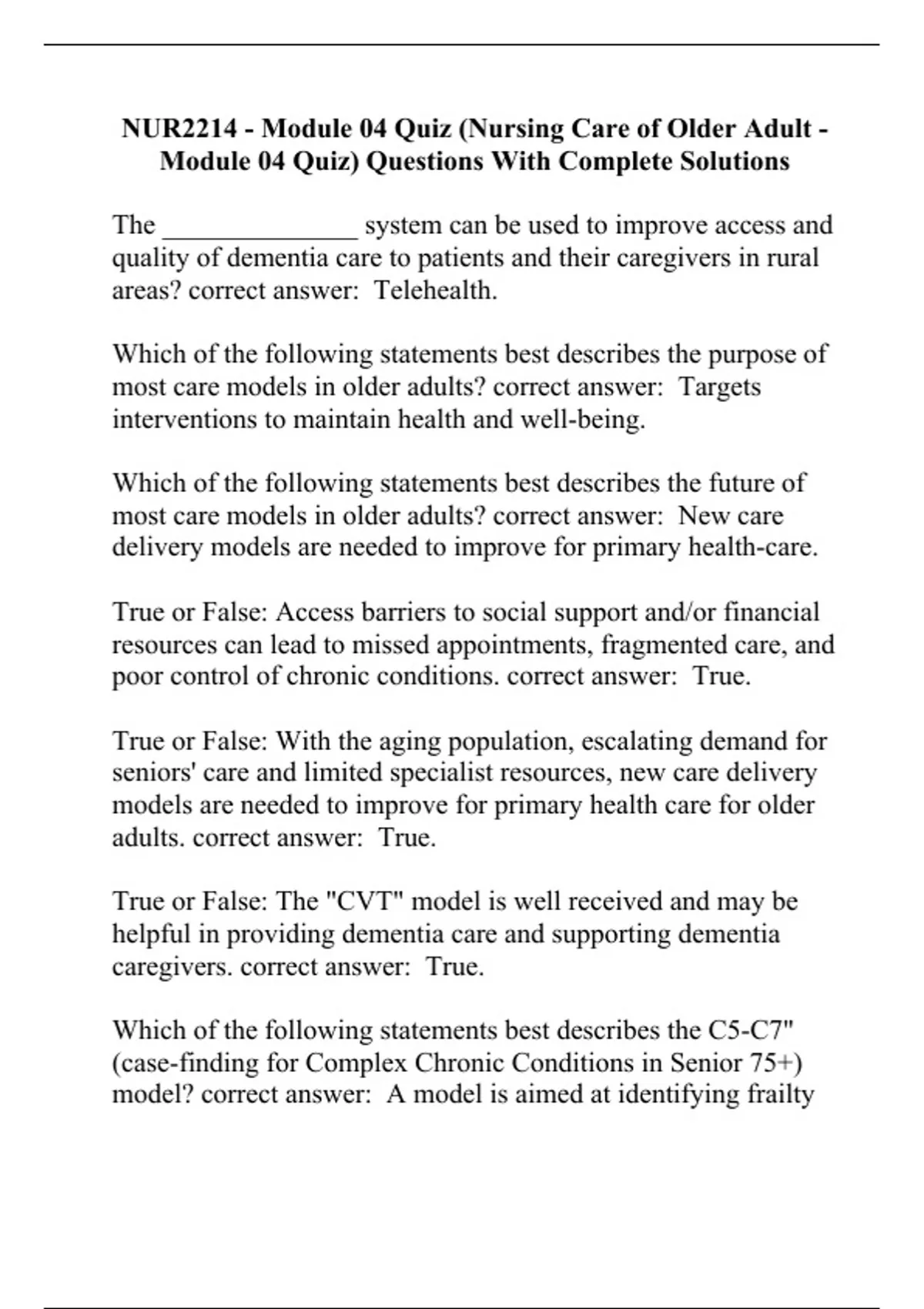 NUR2214 - Module 04 Quiz (Nursing Care of Older Adult - Module 04 Quiz ...