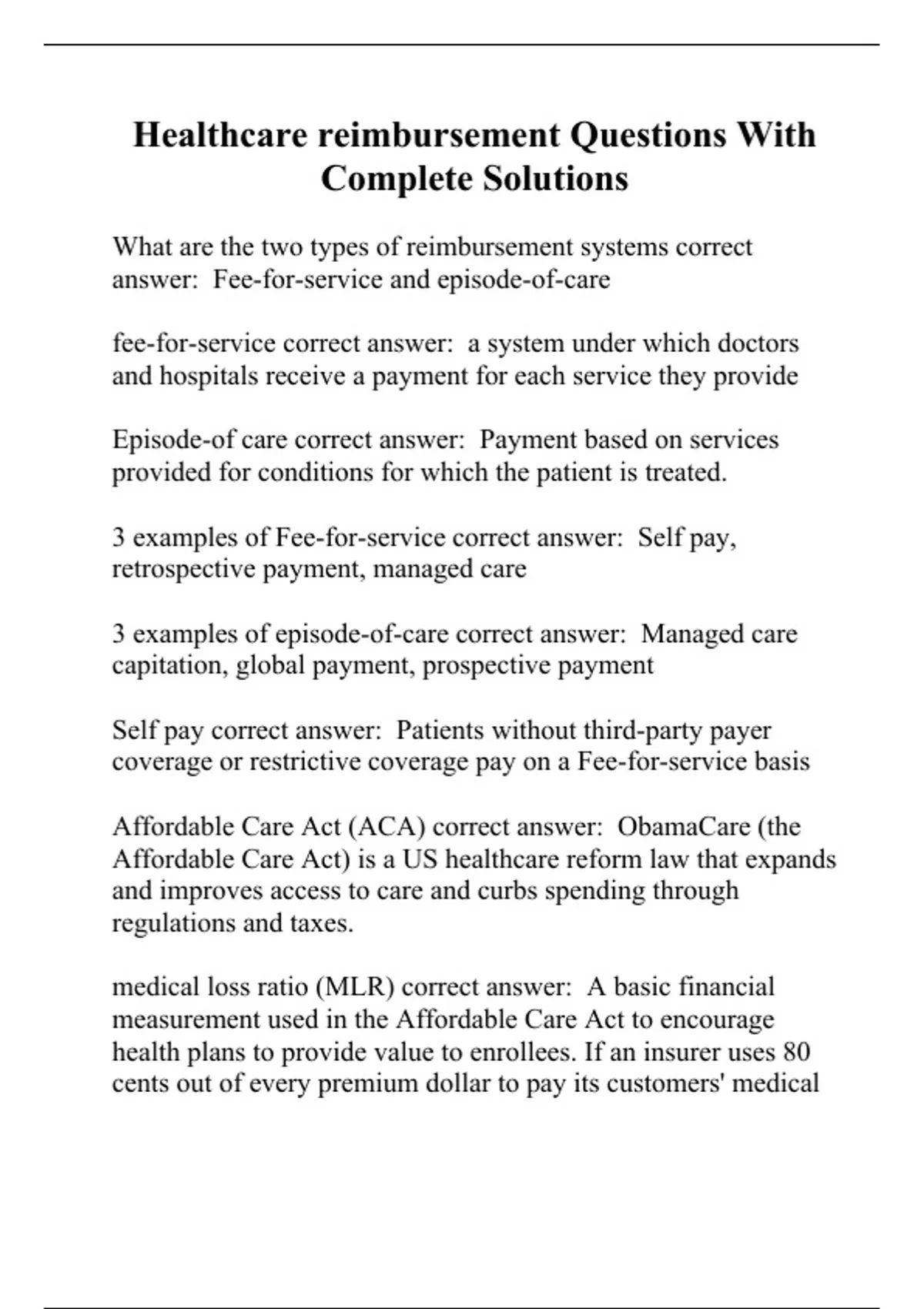 Healthcare reimbursement Questions With Complete Solutions - Healthcare ...