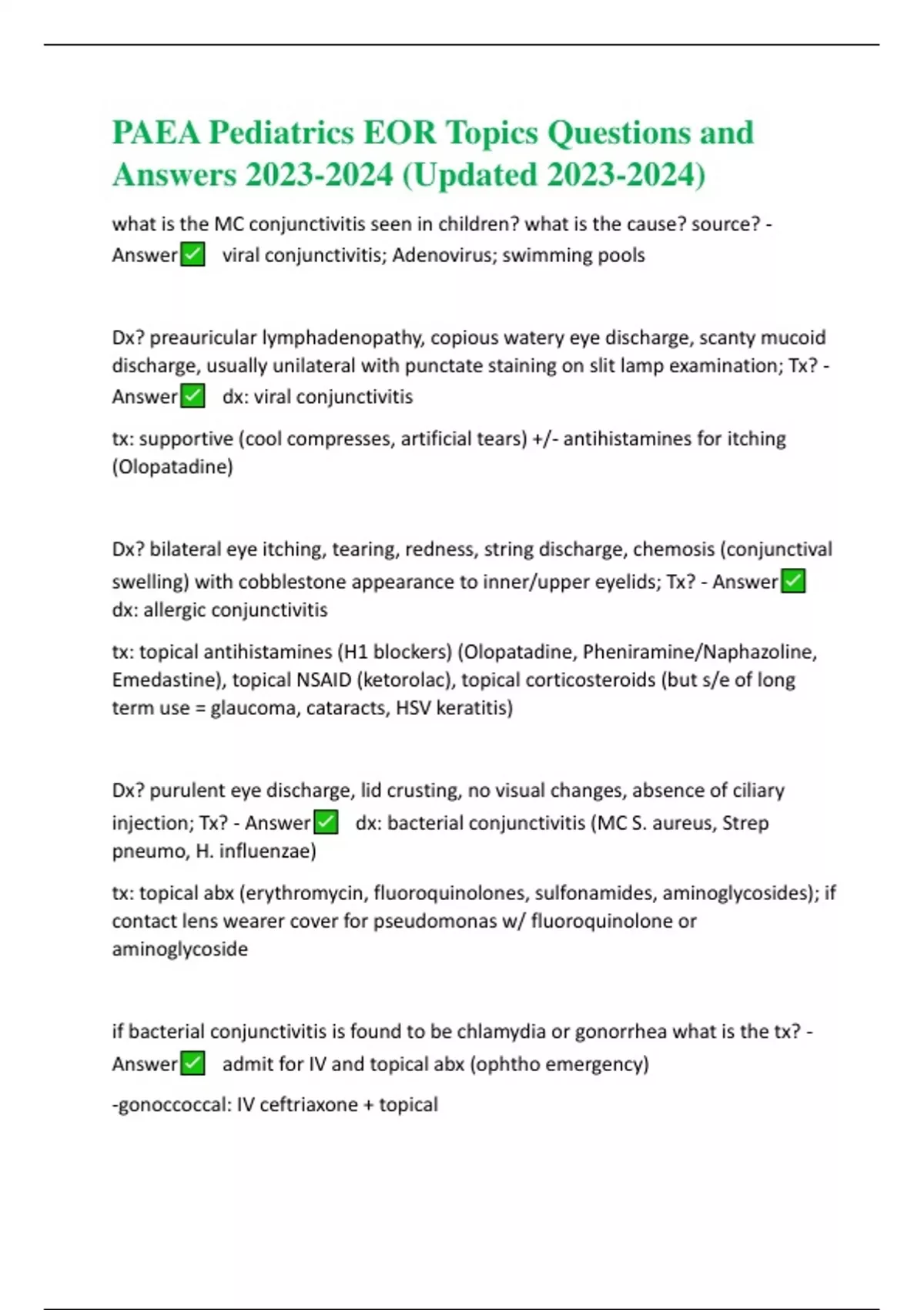 PAEA Pediatrics EOR Topics Questions and Answers (Updated ) - PAEA ...