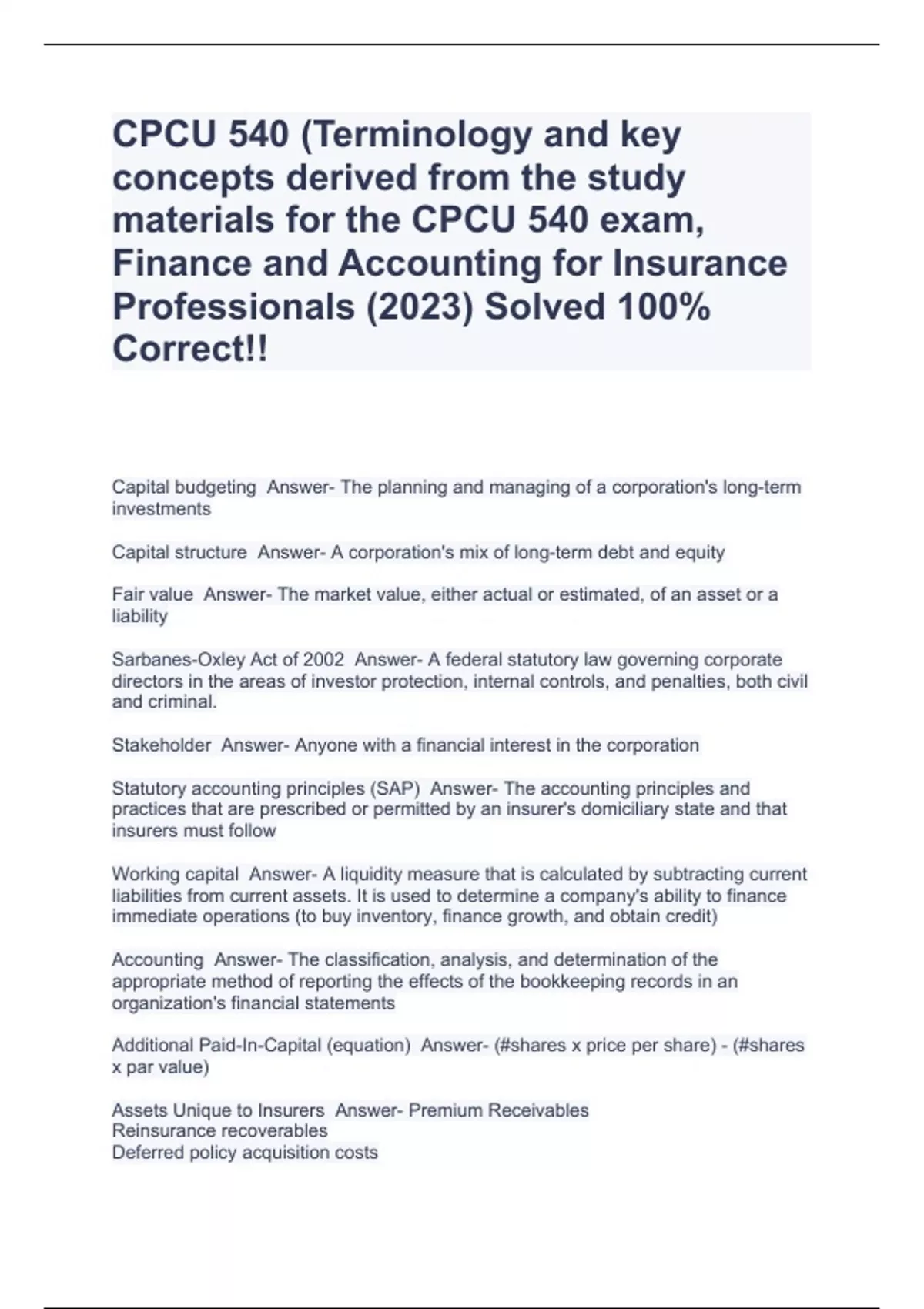 CPCU 540 (Terminology and key concepts derived from the study materials ...