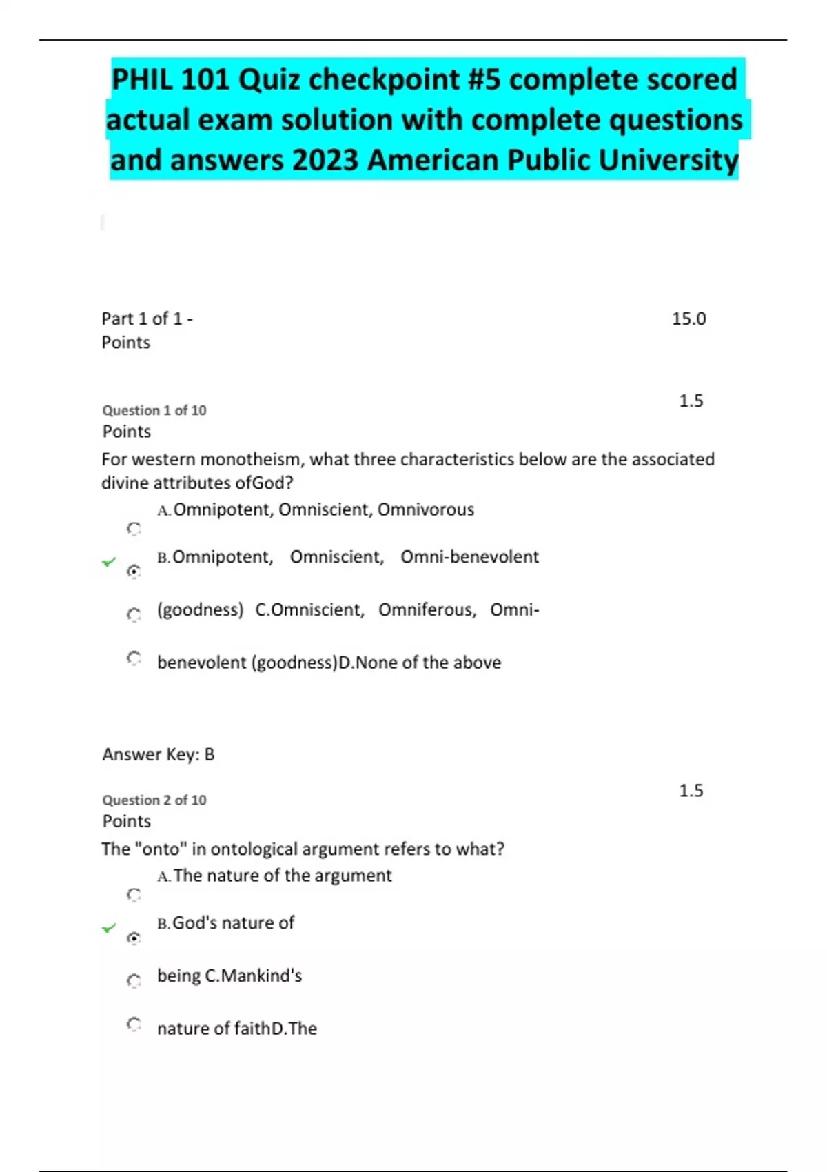 PHIL 101 Quiz checkpoint #5 complete scored actual exam solution with ...
