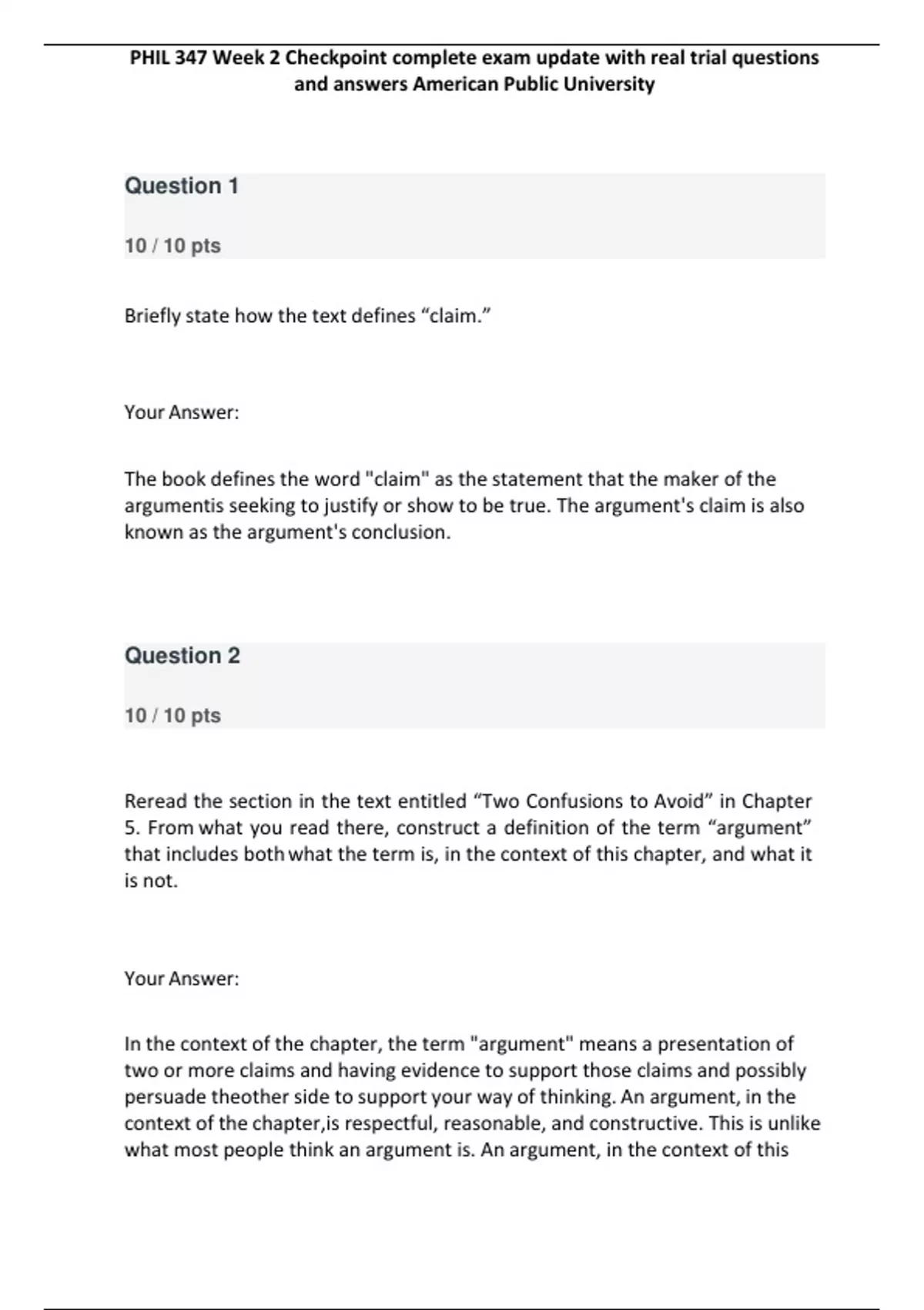 PHIL 347 Week 2 Checkpoint complete exam update with real trial ...