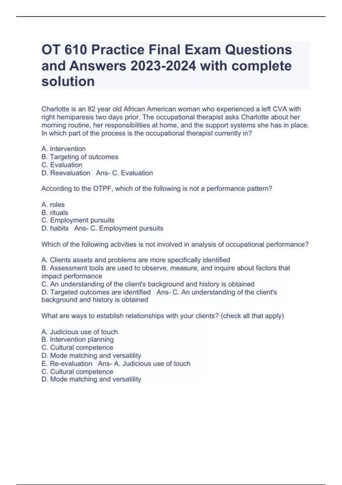 OT 610 Practice Final Exam Questions and Answers with complete solution ...
