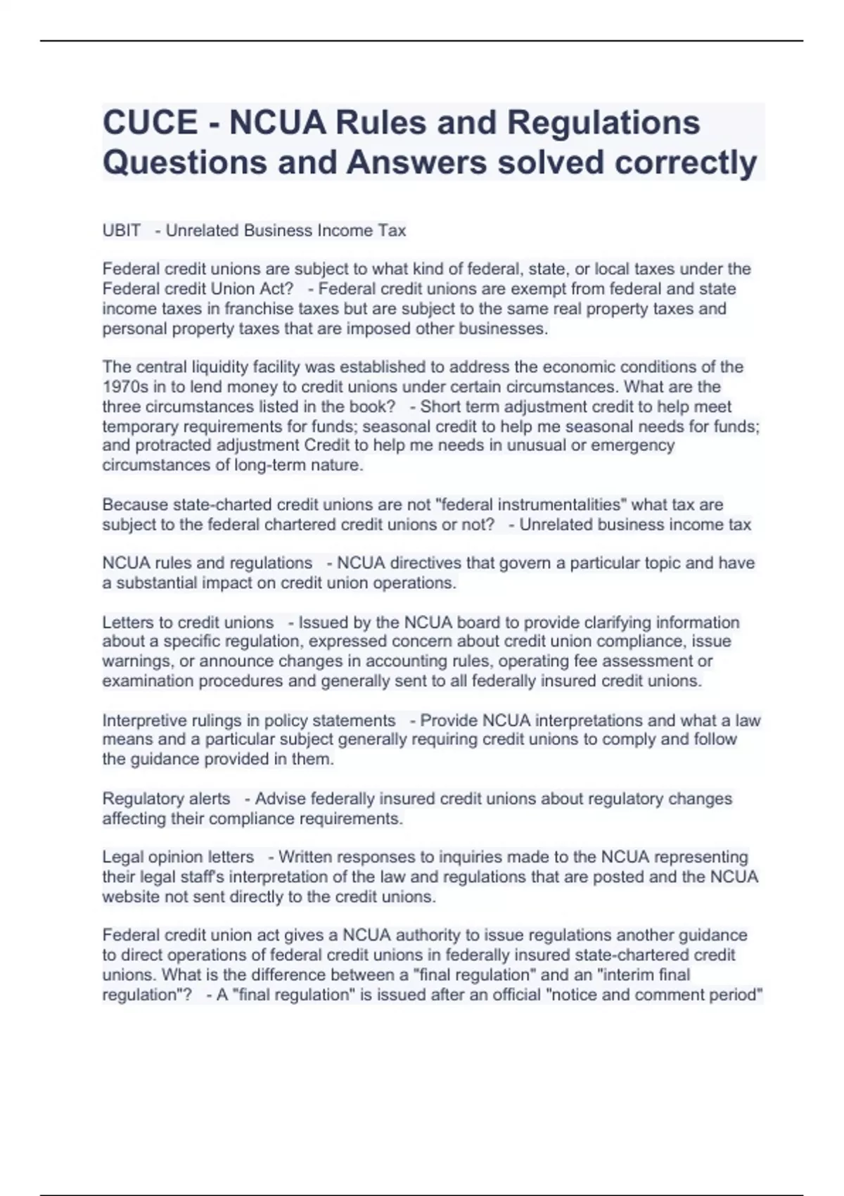 CUCE - NCUA Rules and Regulations Questions and Answers solved ...