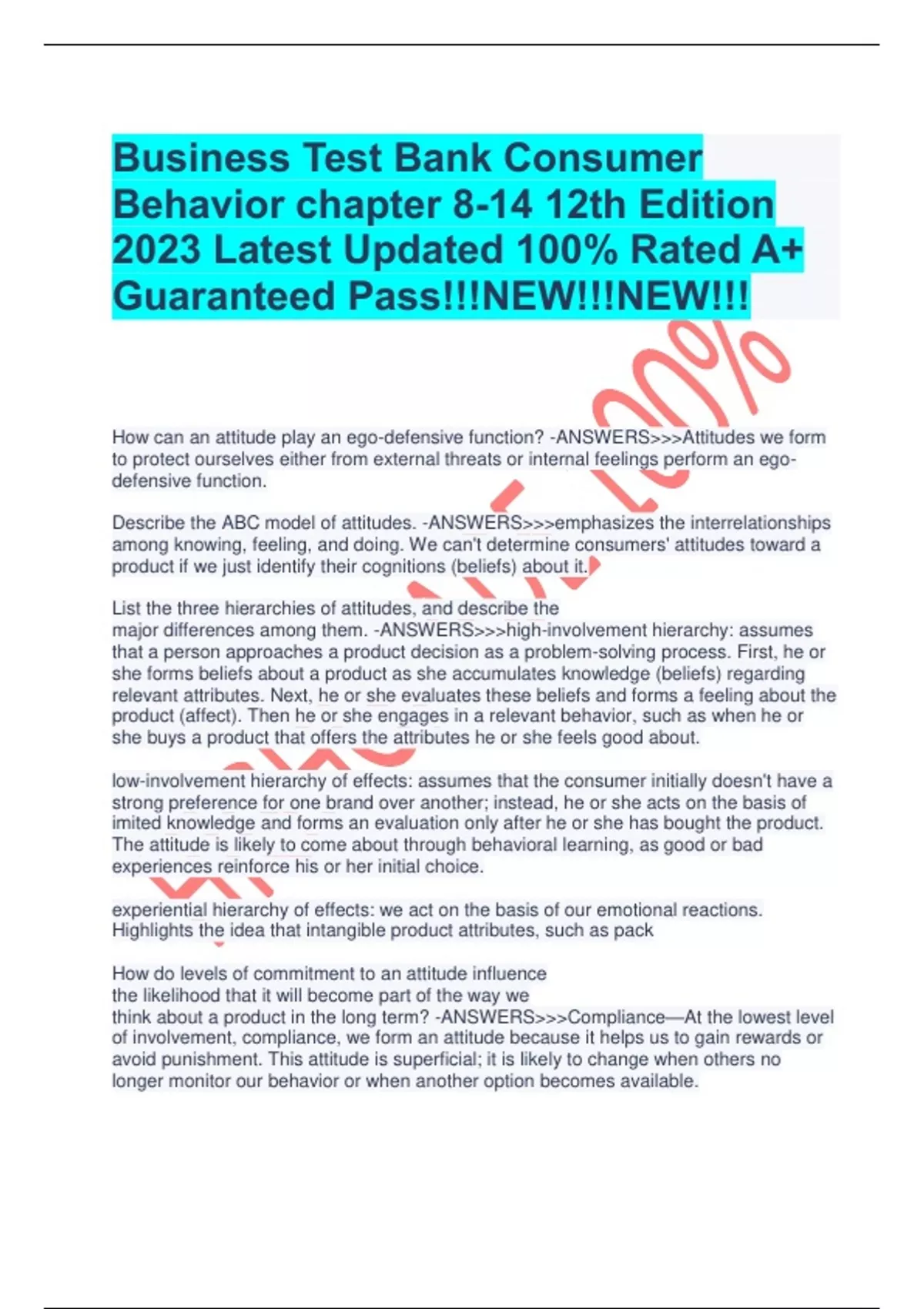 Business Test Bank Consumer Behavior chapter 8-14 12th Edition 2023 ...