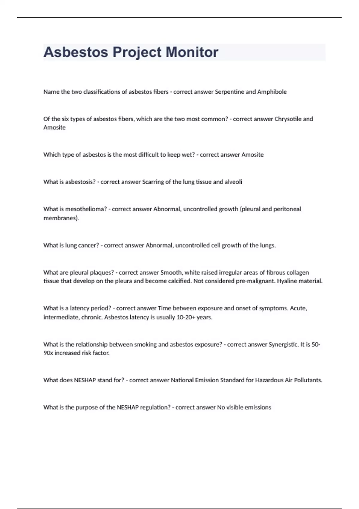 Asbestos Project Monitor questions and answers graded A+ 2023/2024 ...