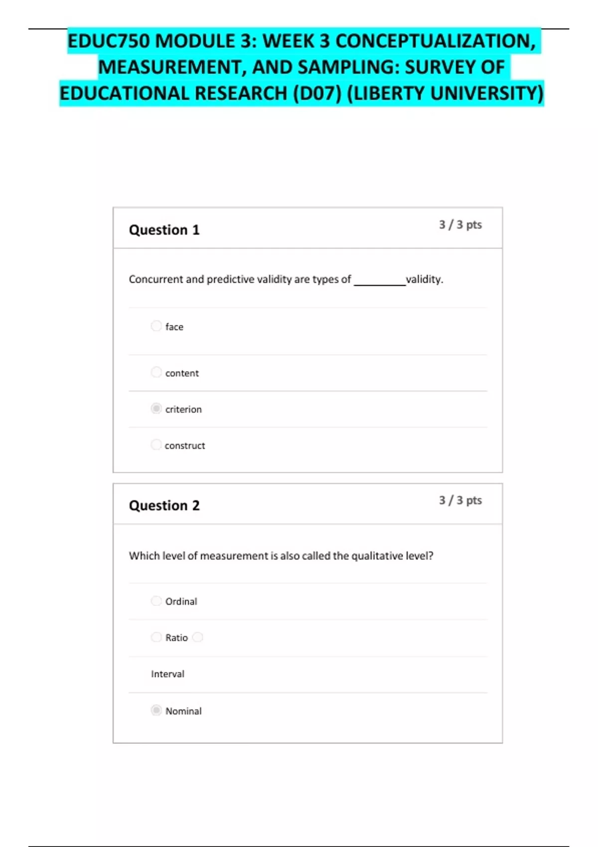 EDUC 750 MODULE 3 WEEK 3 CONCEPTUALIZATION, MEASUREMENT, AND SAMPLING ...