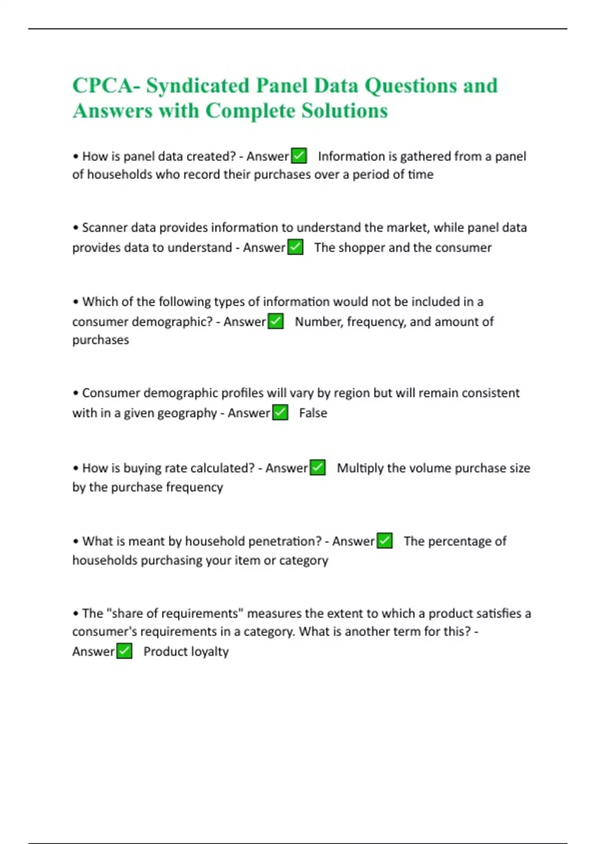CPCA- Syndicated Panel Data Questions and Answers with Complete Solutions - CPCA - Stuvia US