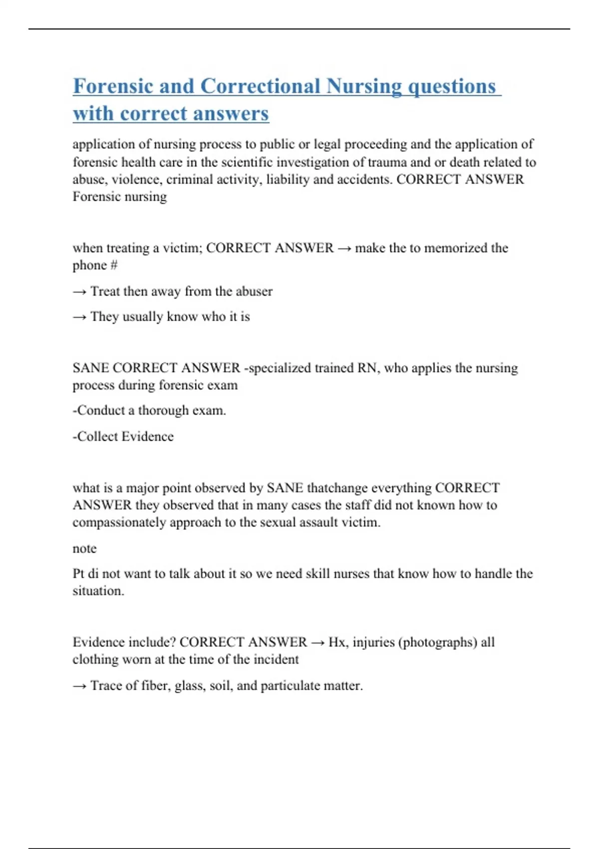 Forensic and Correctional Nursing questions with correct answers ...