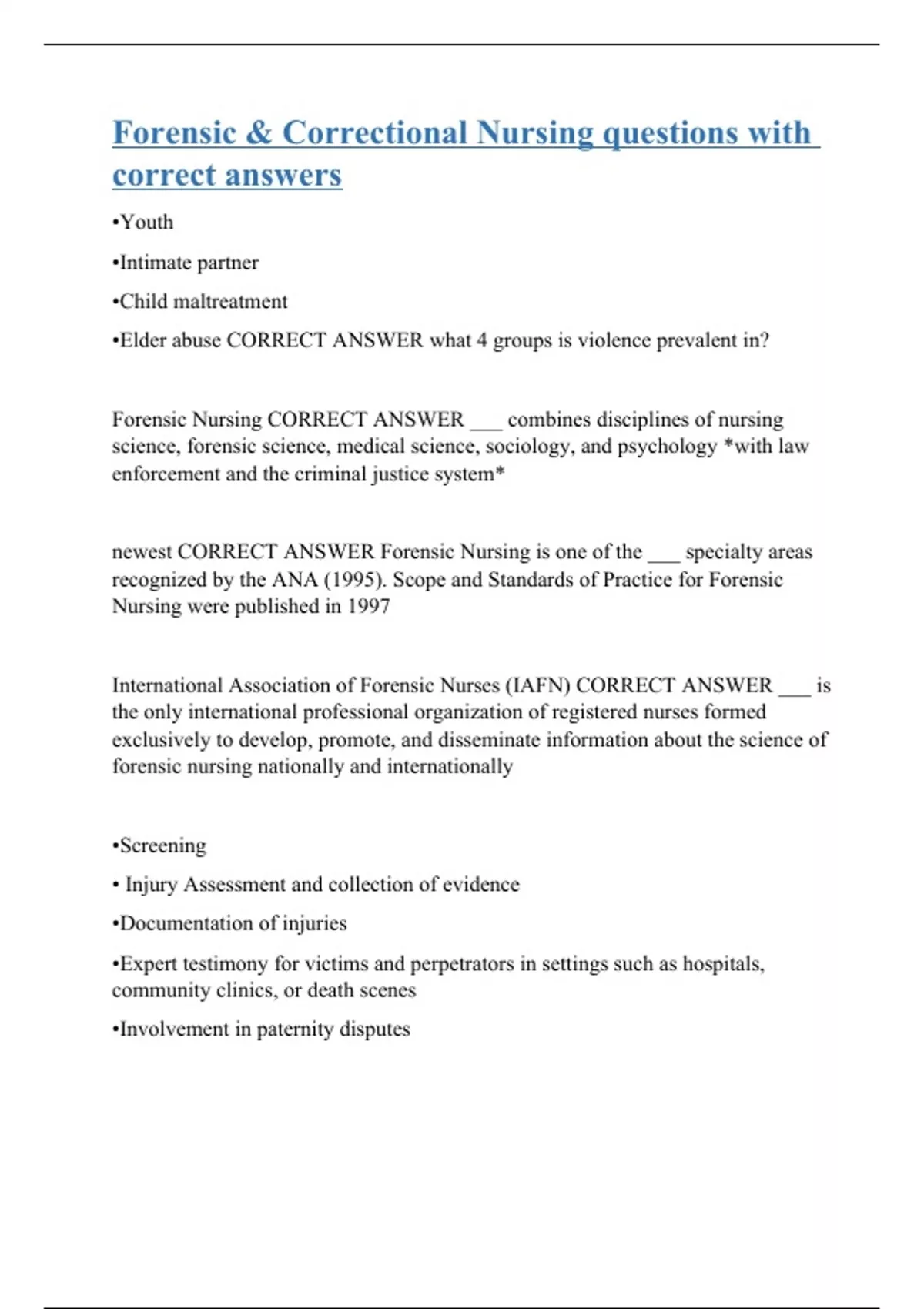 Forensic & Correctional Nursing questions with correct answers ...