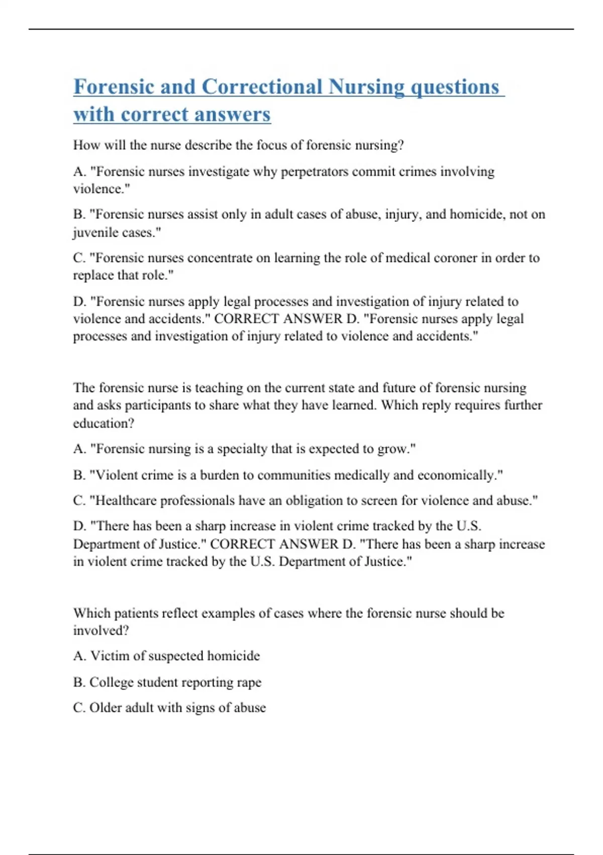 Forensic and Correctional Nursing questions with correct answers ...