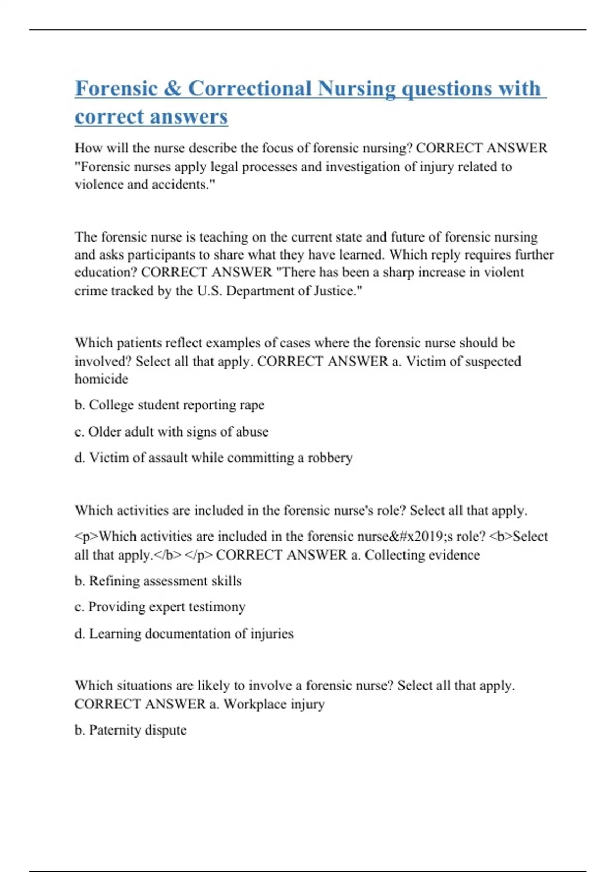 Forensic & Correctional Nursing questions with correct answers ...