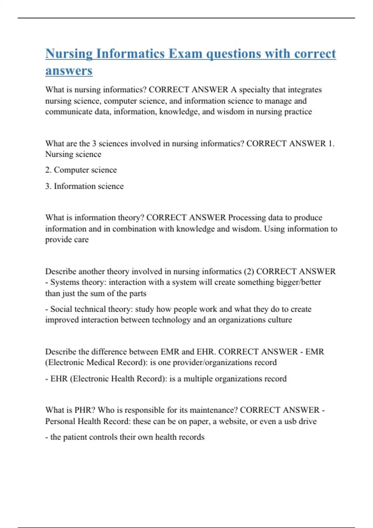 Nursing Informatics Exam questions with correct answers - Nursing Informatics - Stuvia US