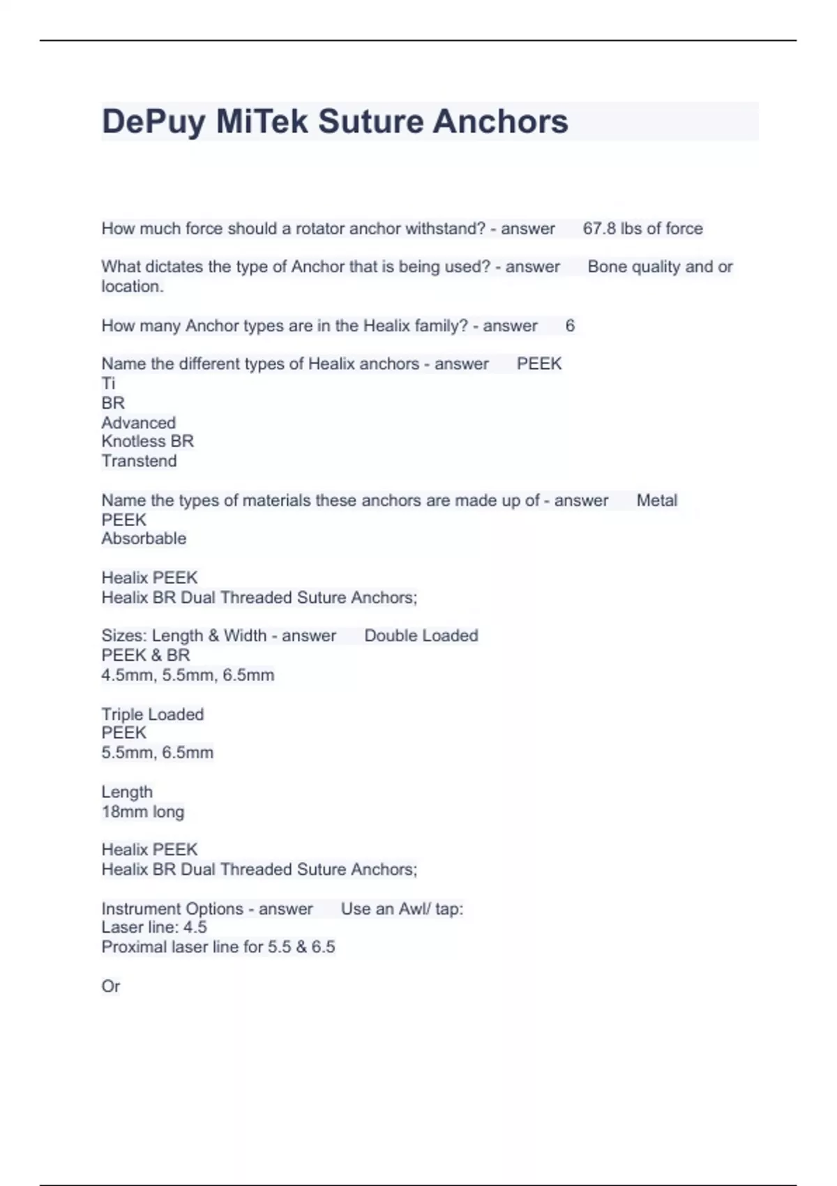 DePuty MiTek Suture Anchors Questions with correct Answers 2023 - Awls ...