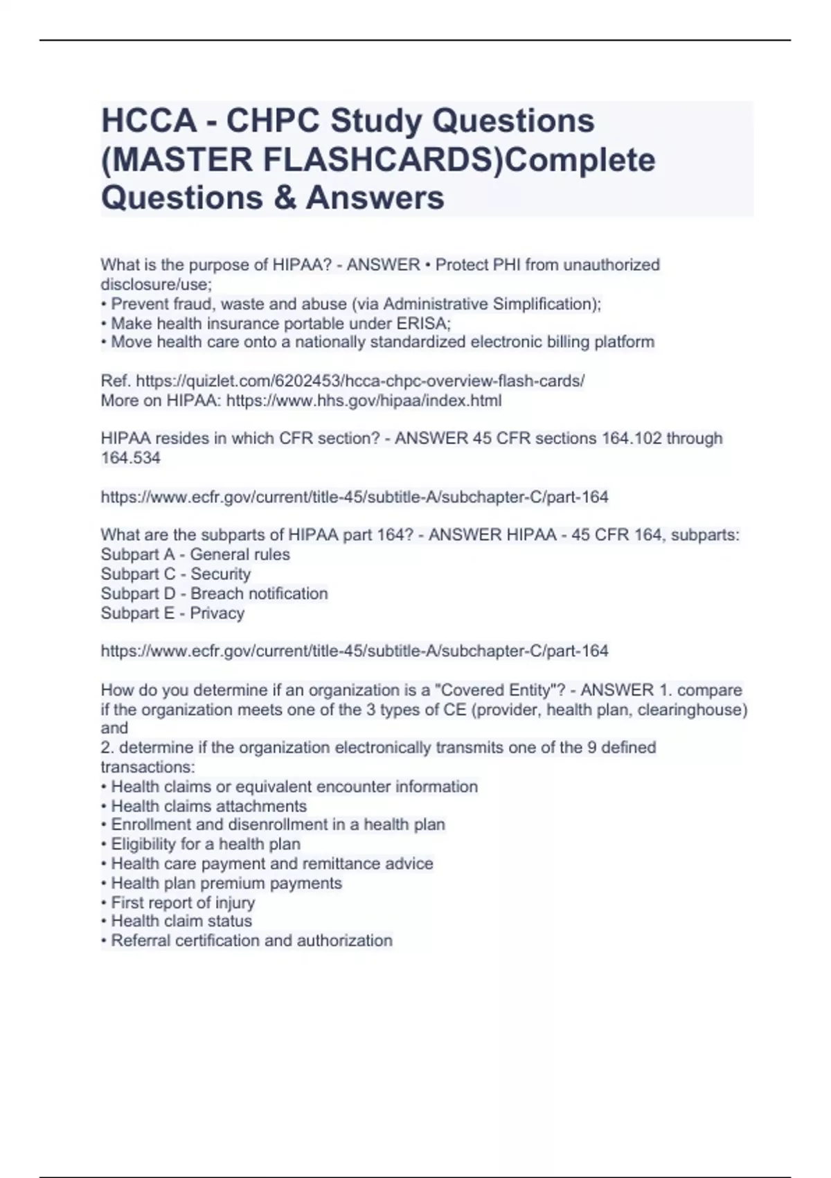 HCCA - CHPC Study Questions (MASTER FLASHCARDS)Complete Questions ...