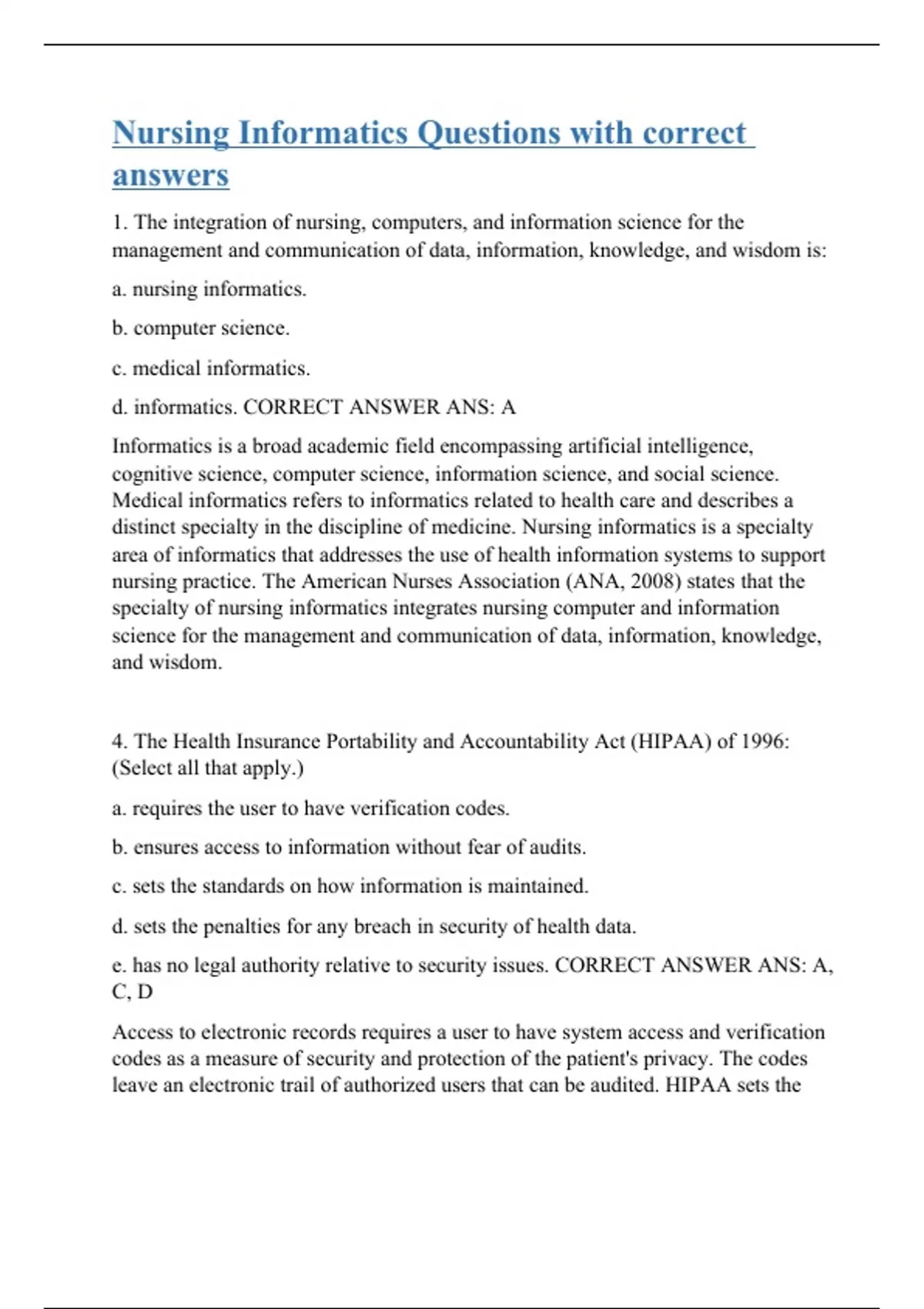 Nursing Informatics Questions with correct answers - Nursing ...