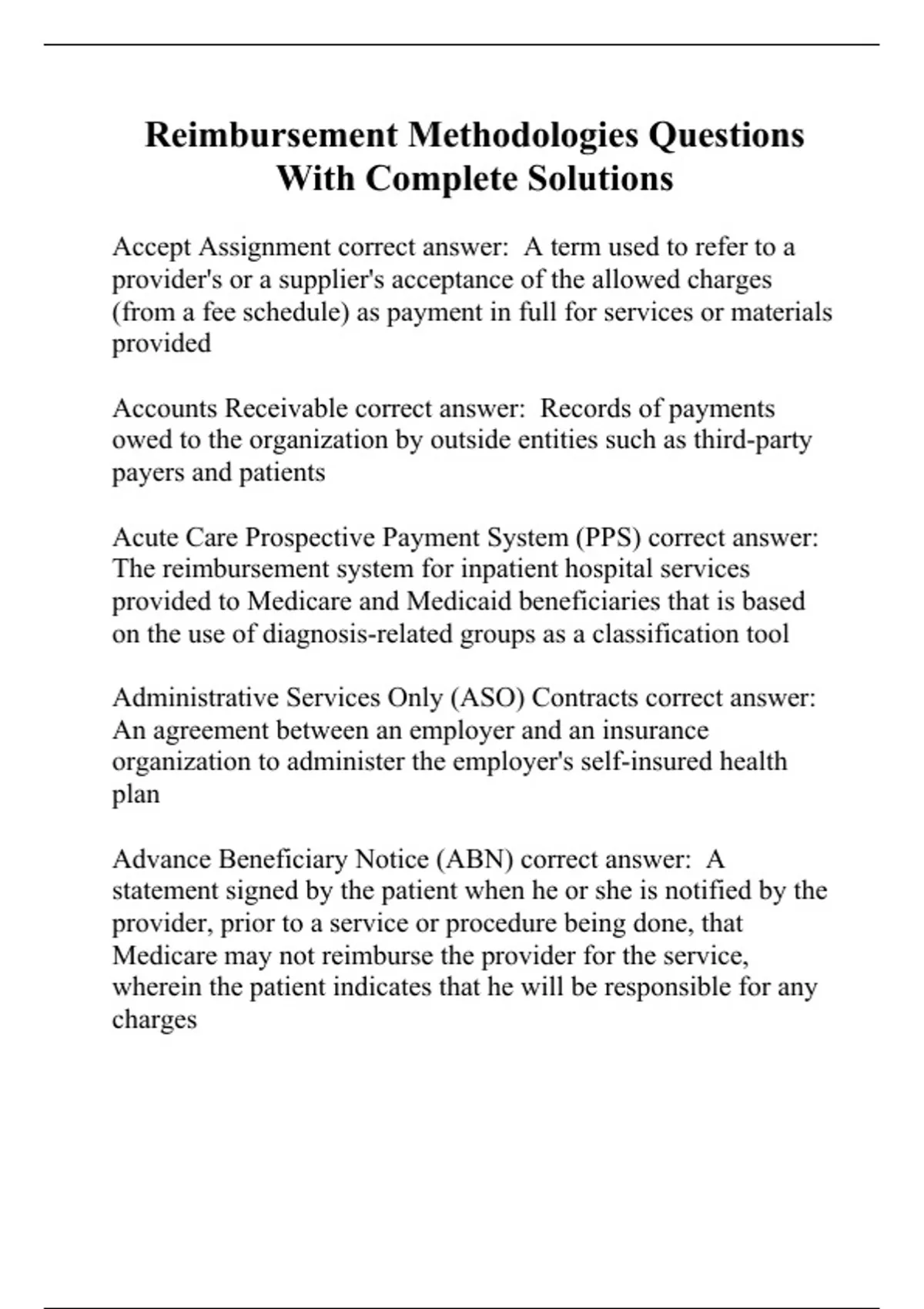 Reimbursement Methodologies Questions With Complete Solutions ...