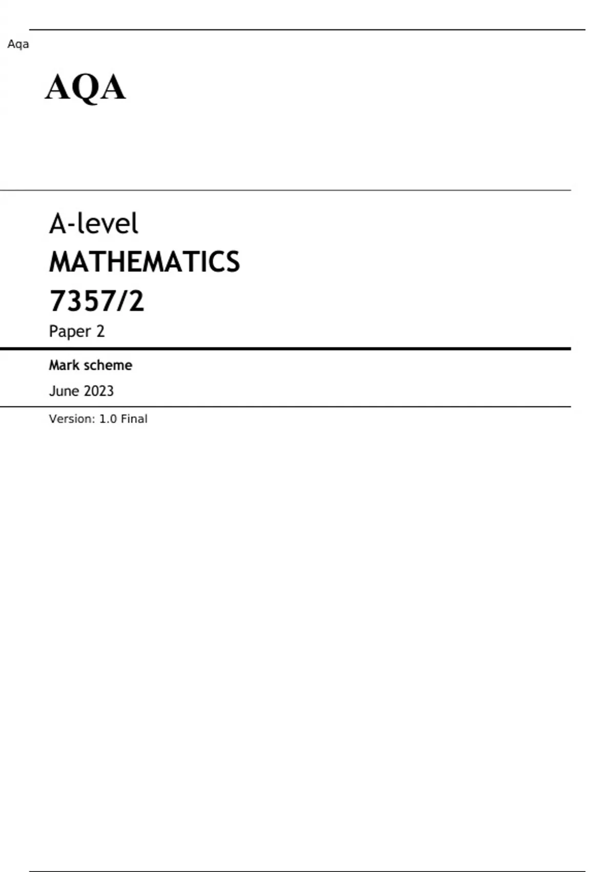 AQA A-level MATHEMATICS Paper 2 JUNE 2023 QUESTION PAPER AND MARK ...
